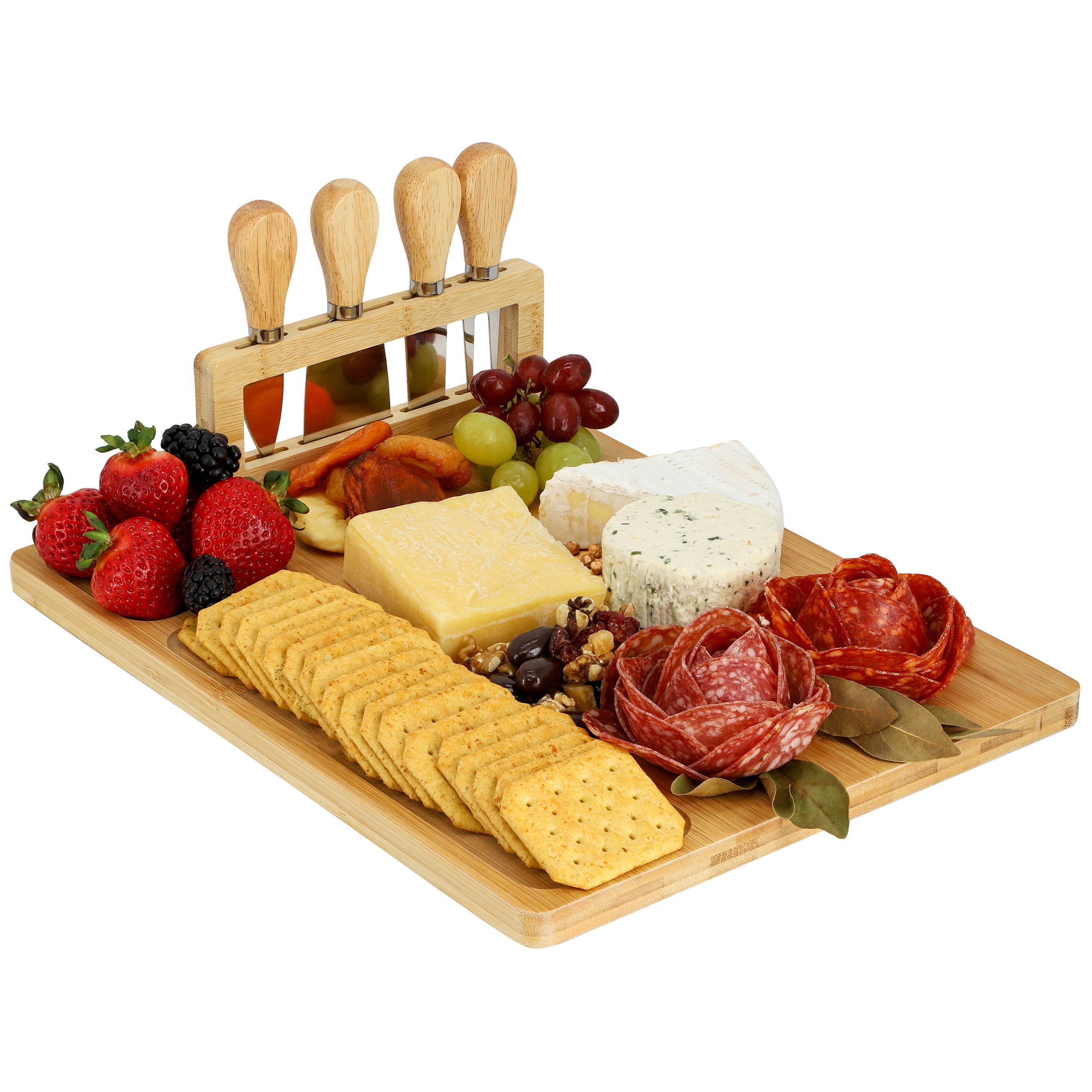 Elama Bamboo Charcuterie and Cheese Board with Knife Stand Attachment and 4 Piece Knife Set ...