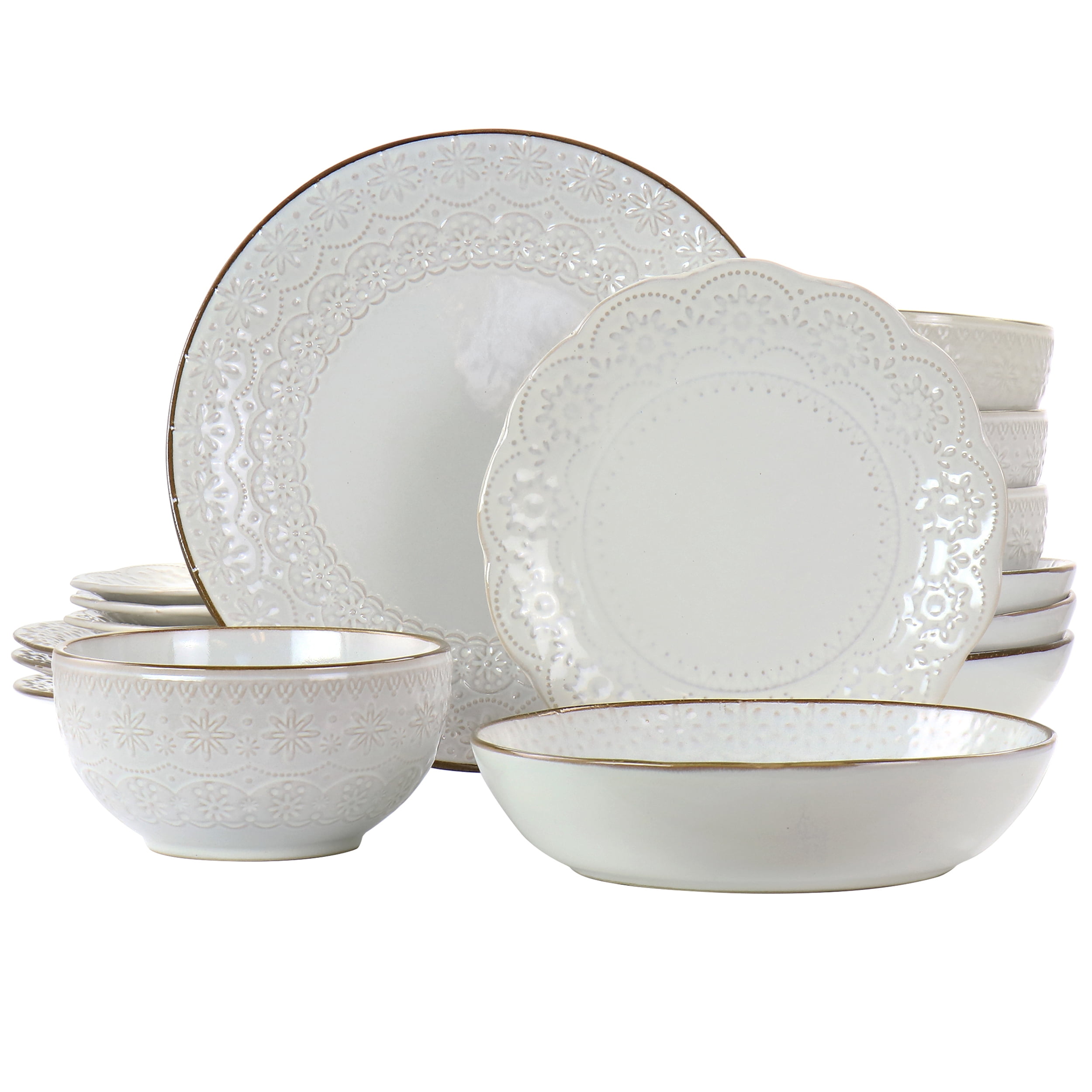 Elama Countess 16 Piece Embossed Double Bowl Stoneware Dinnerware Set ...