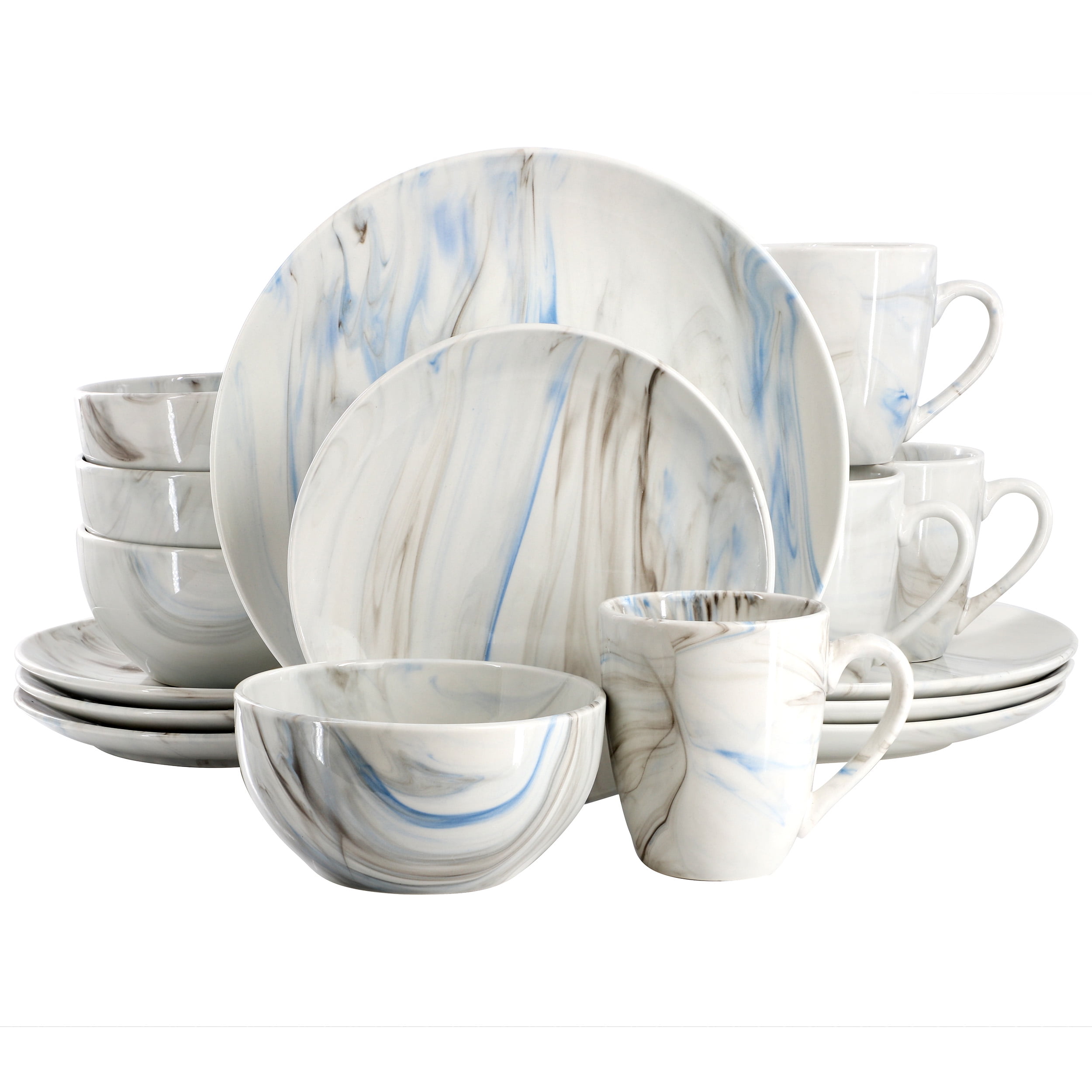 Elama Fine Marble 16 Piece Porcelain Dinnerware Set in Blue and Gray ...