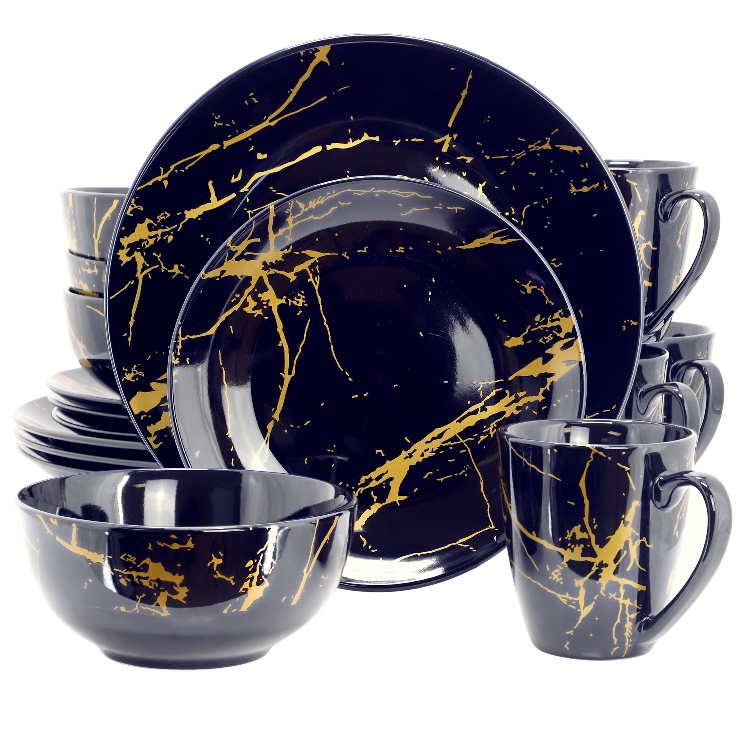 Elama Fine Marble 16 Piece Porcelain Dinnerware Set in Dark Blue with ...