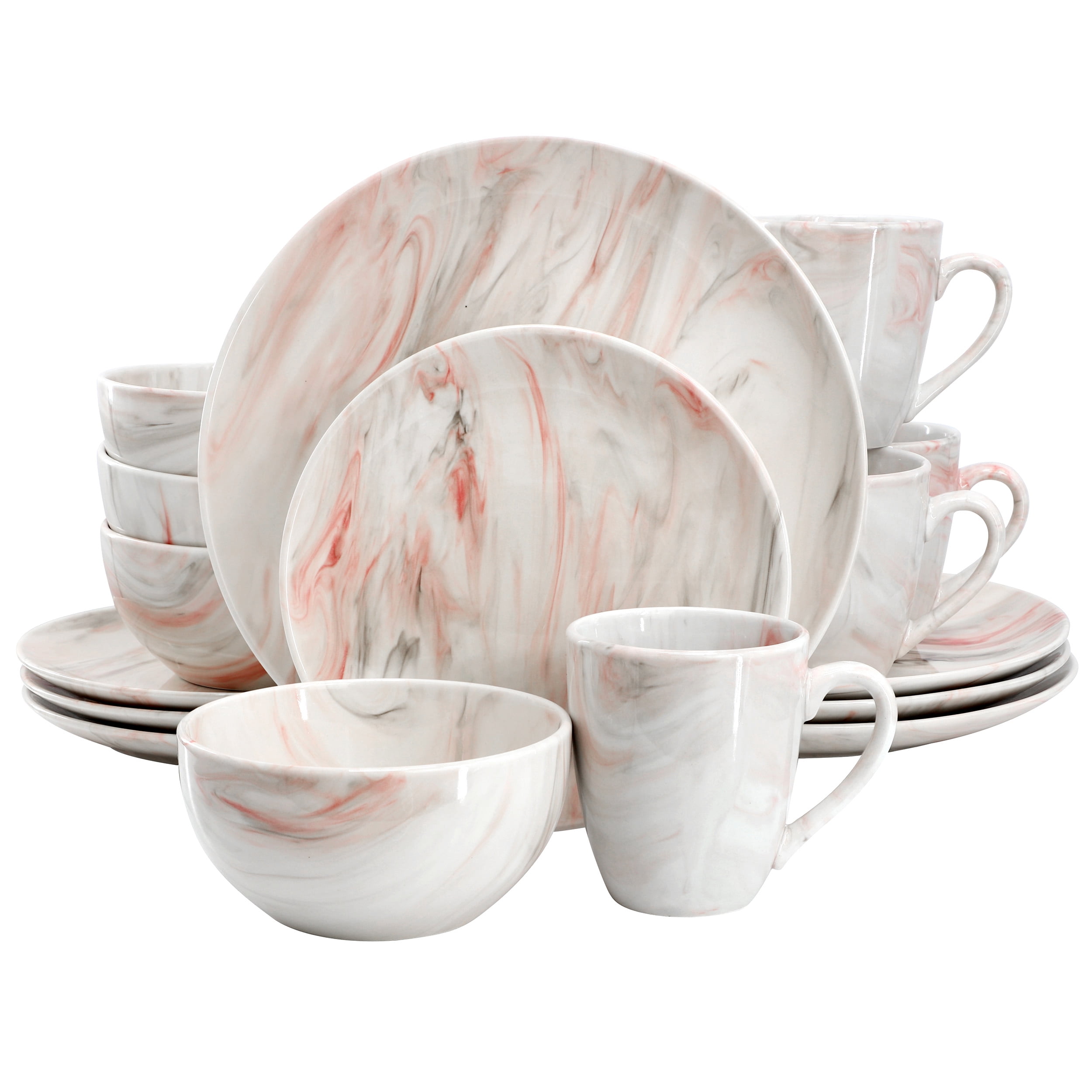 Elama Fine Marble 16 Piece Porcelain Dinnerware Set in Red and Gray ...