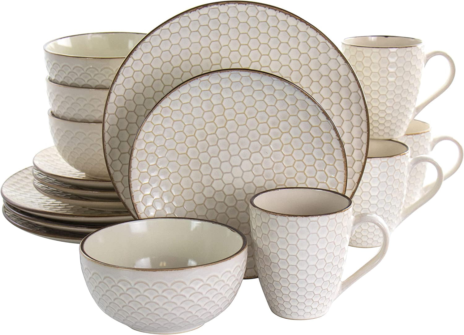 Elama Geometric Embossed Stoneware Honeycomb Pattern Tableware, Set ...