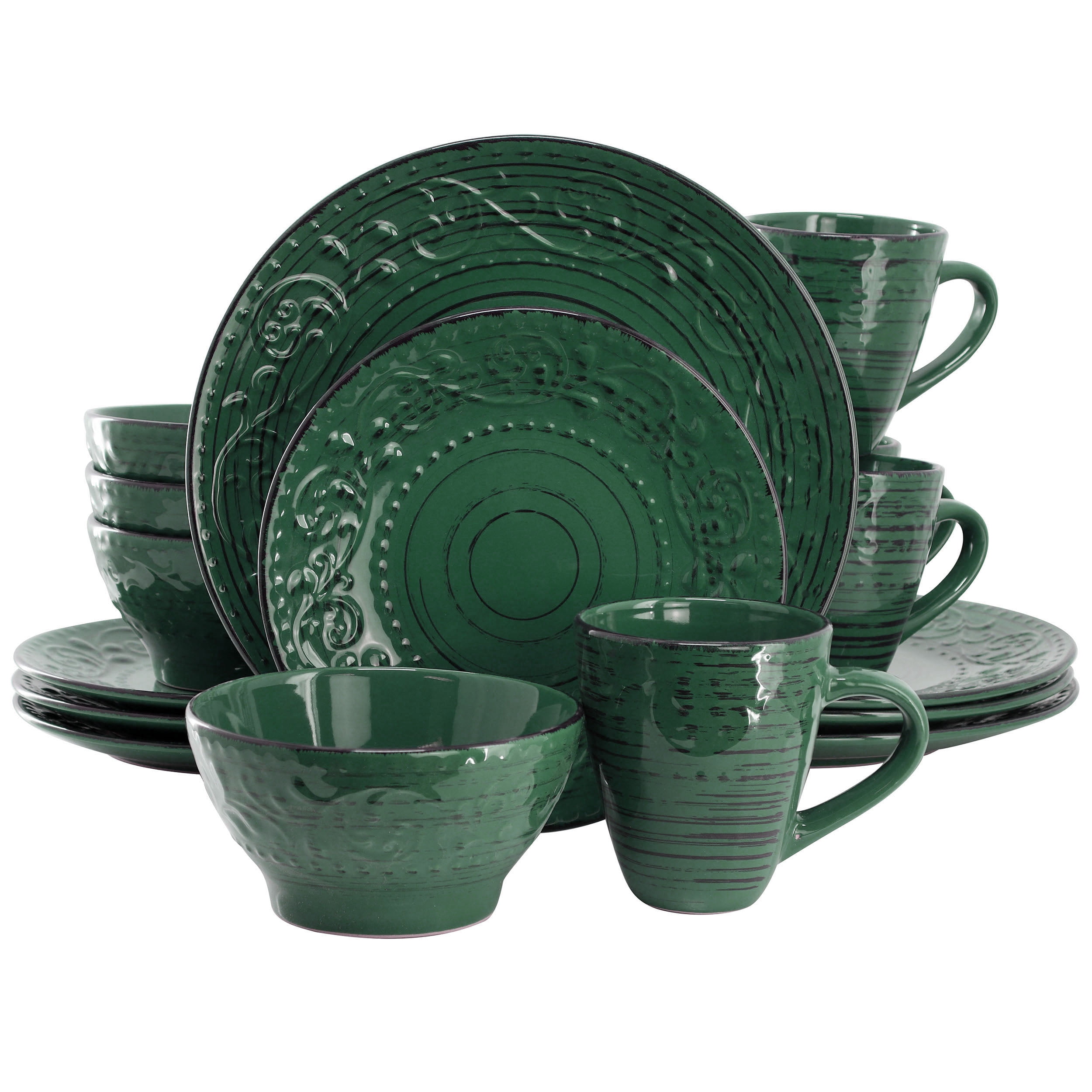 Elama Malibu Sea Glass 16-Piece Dinnerware Set in Dark Green - Walmart.com