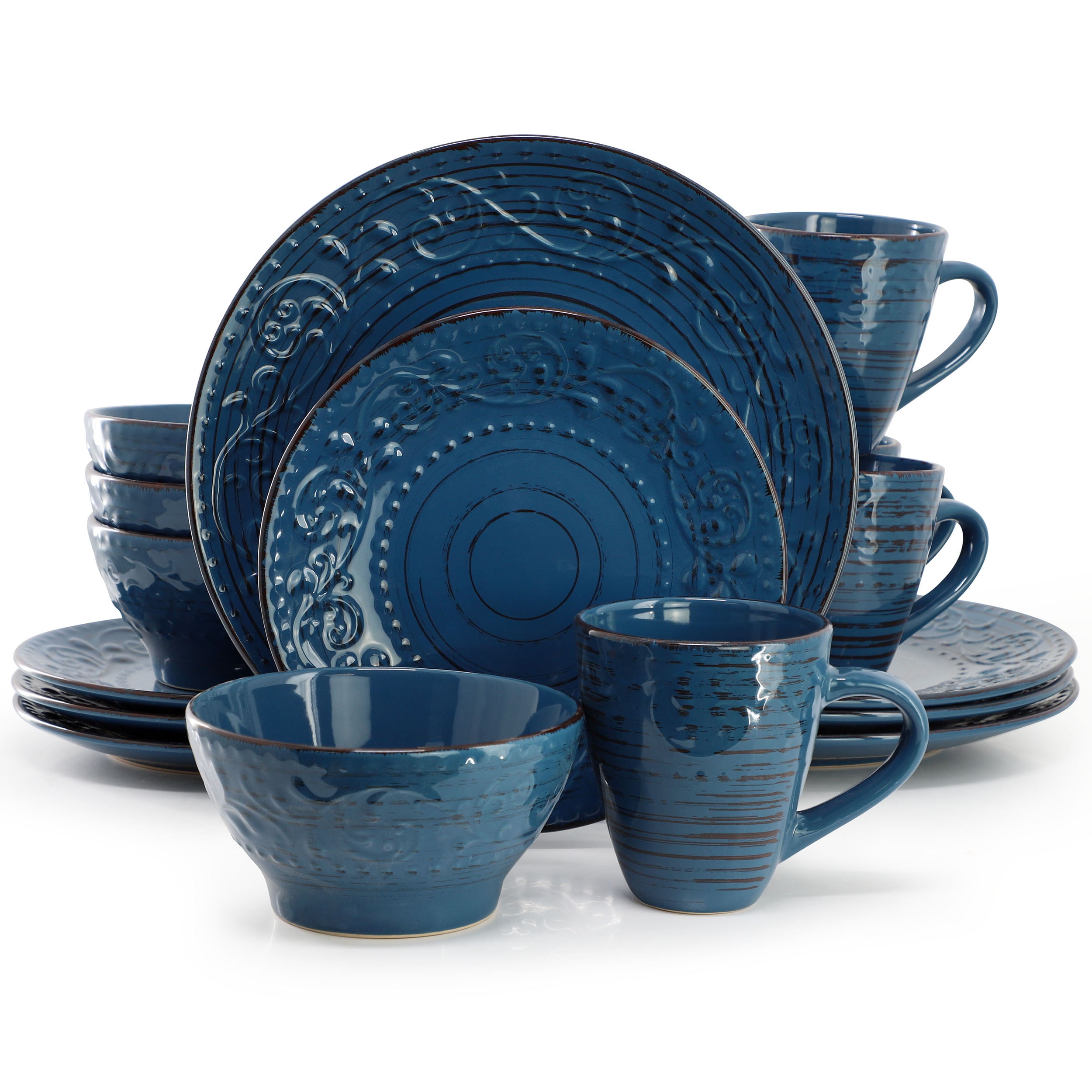 Elama Malibu Sea Glass 16-Piece Stoneware Dinnerware Set in Dark Blue ...