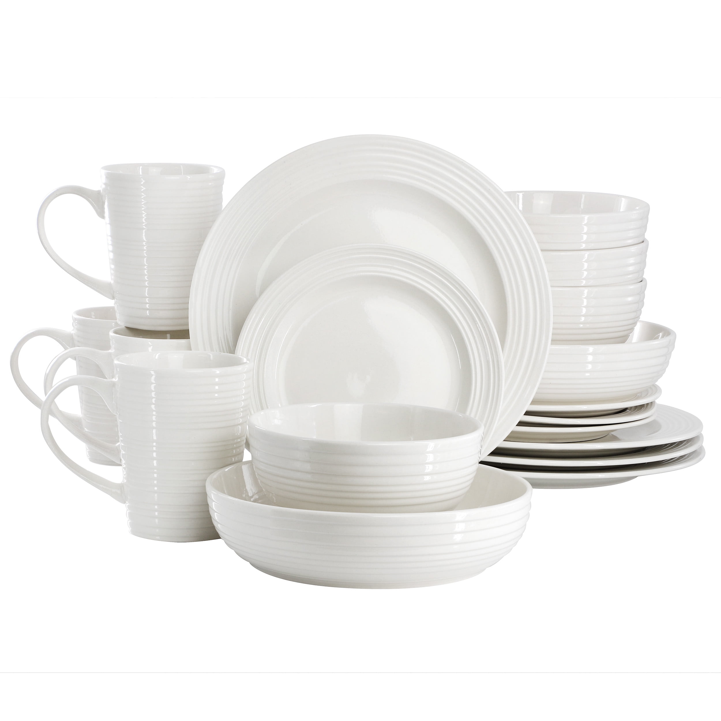 Elama Nikki 18 Piece Ribbed White Porcelain Dinnerware and Serving Bowl ...
