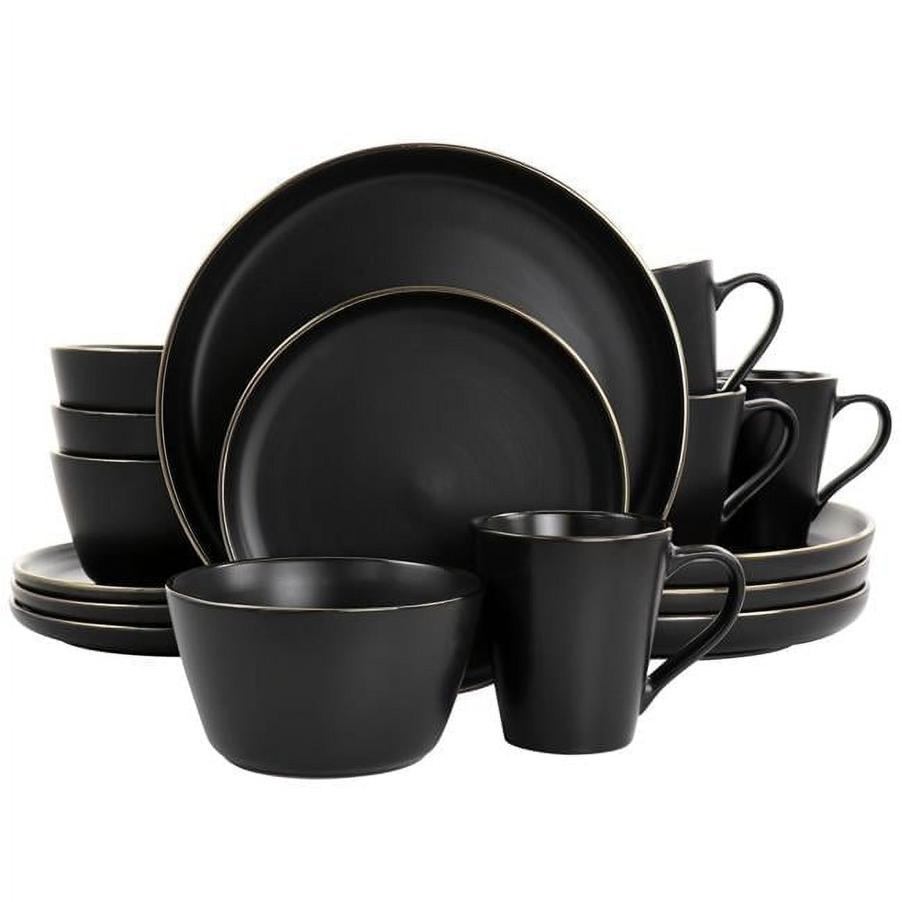 Elama Paul Stoneware Dinnerware Set in Matte Black with Gold Rim - 16 ...