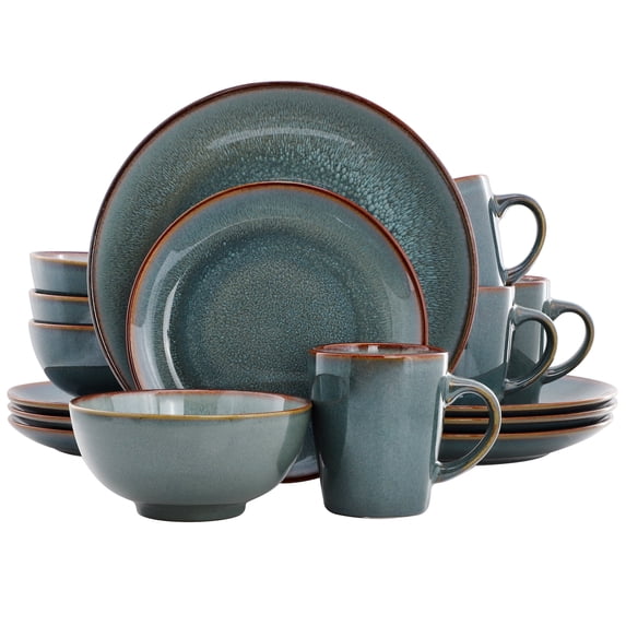 Elama Slate 16 Piece Stoneware Dinnerware Set in Blue with Brown Rim ...