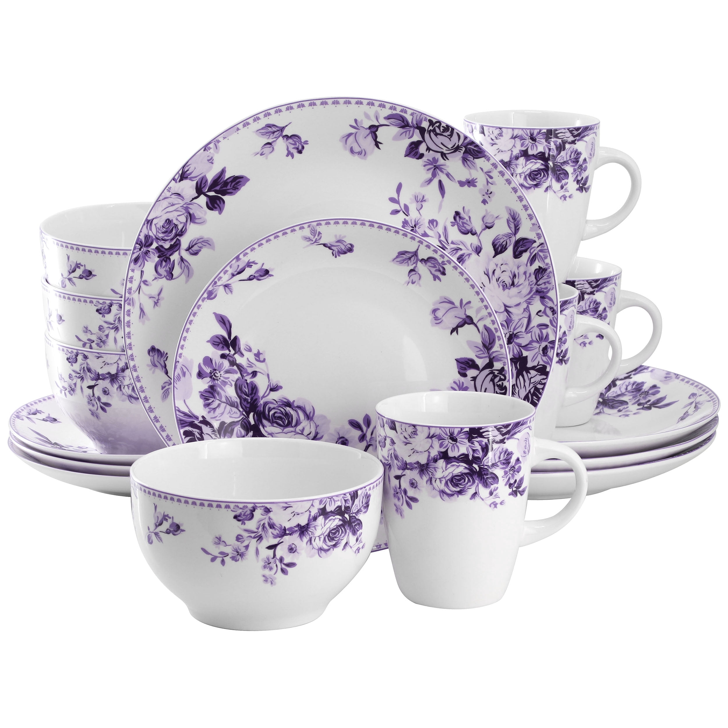 Elama Traditional Purple Rose 16 Piece Stoneware Dinnerware Set ...