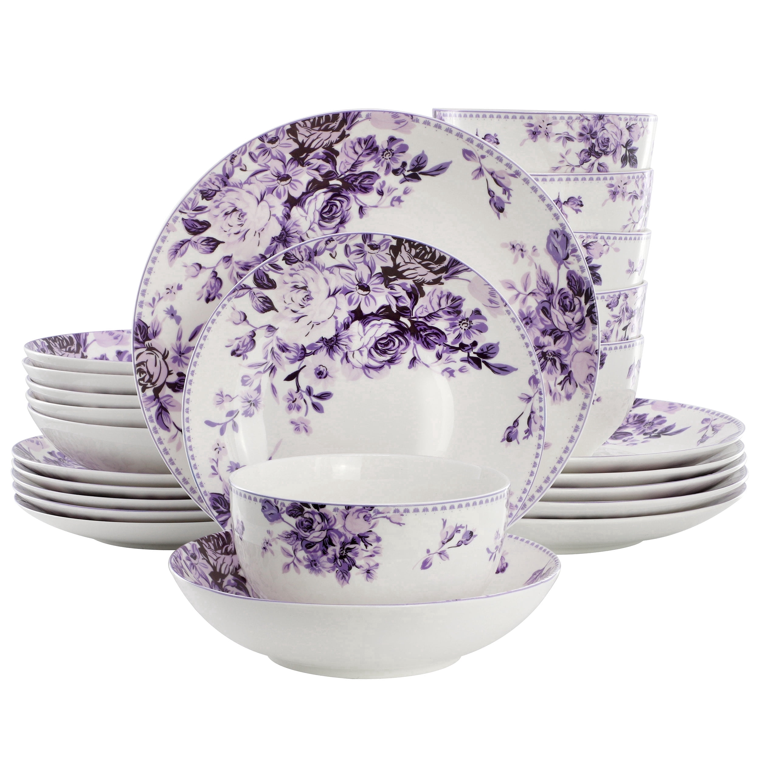 Elama Traditional Purple Rose 24 Piece Porcelain Double Bowl Dinnerware ...