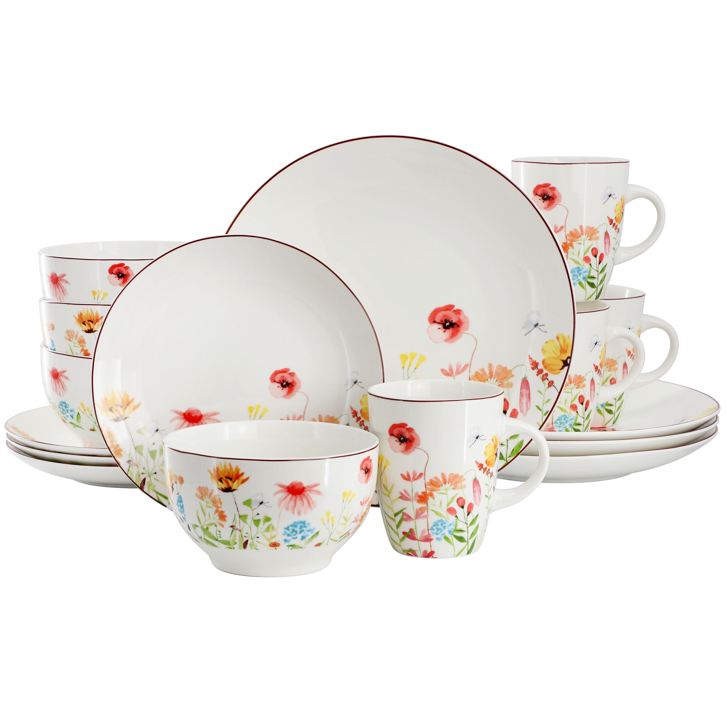 Elama Wildflower Meadow 16 Piece Stoneware Dinnerware Set in White and ...