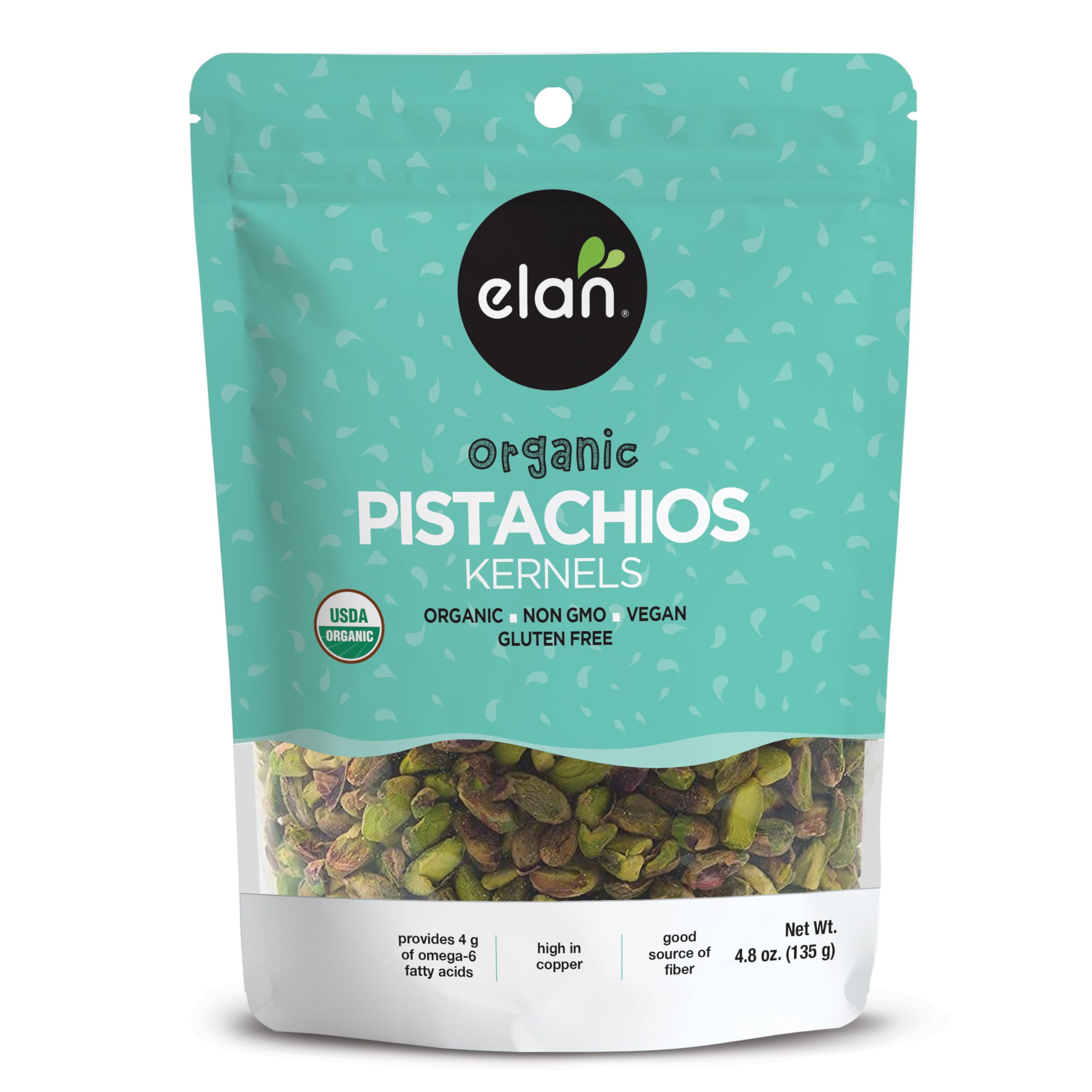 Elan Organic Raw Pistachios, OKA4 4.8 oz, Unsalted Kernels, No Shell ...