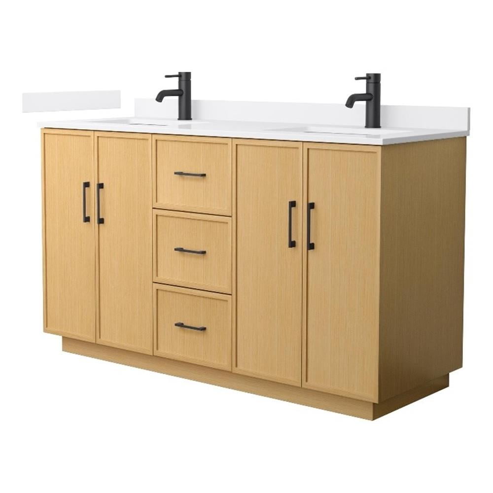 Elan TK 60" Light Oak Double Vanity & White Cultured Marble Top & Black ...