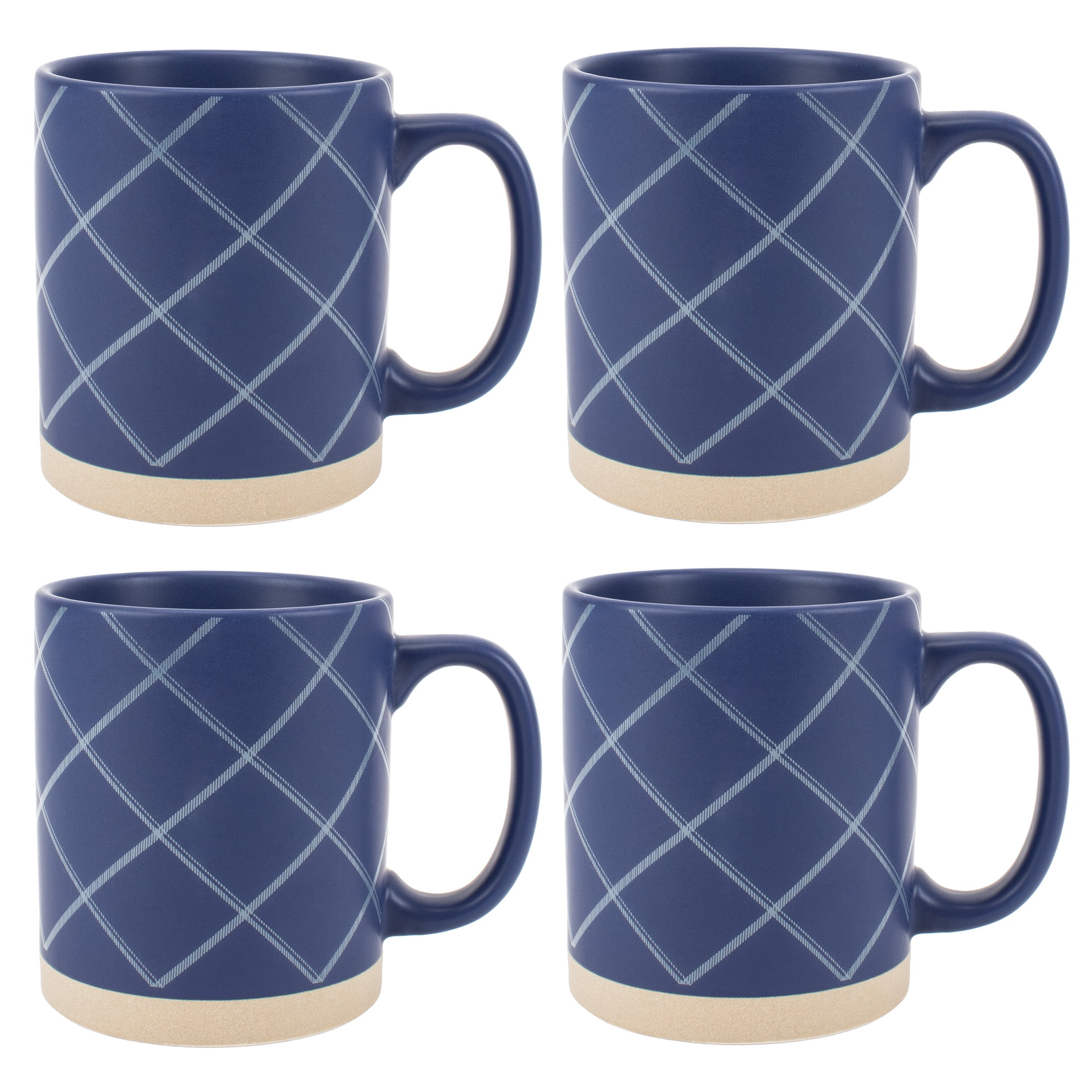 Elanze Designs Modern Plaid Raw Clay Bottom Navy Blue 13 ounce Ceramic Coffee Mugs Set of 4 ...