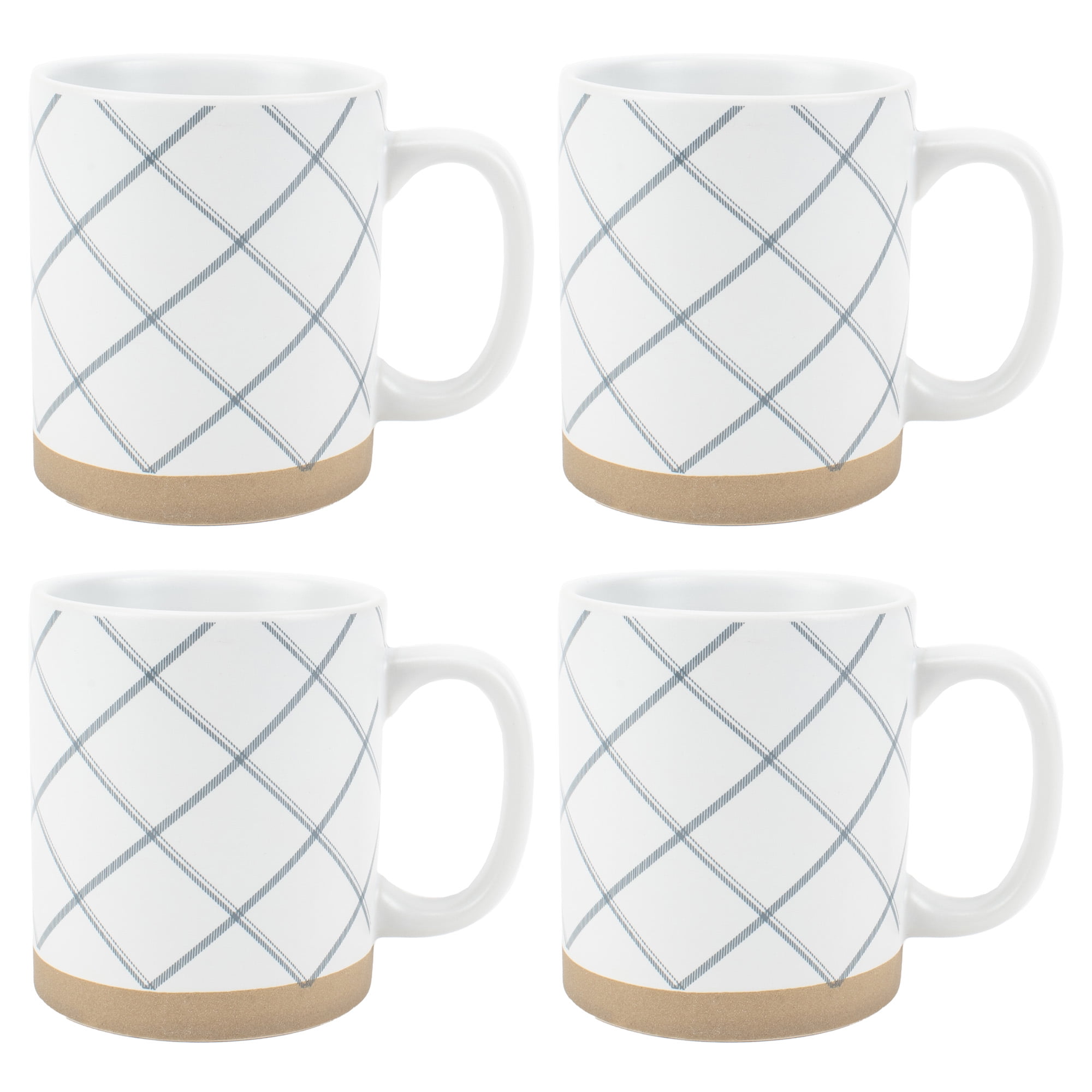 Elanze Designs Modern Plaid Raw Clay Bottom White 13 ounce Ceramic Coffee Mugs Set of 4 ...