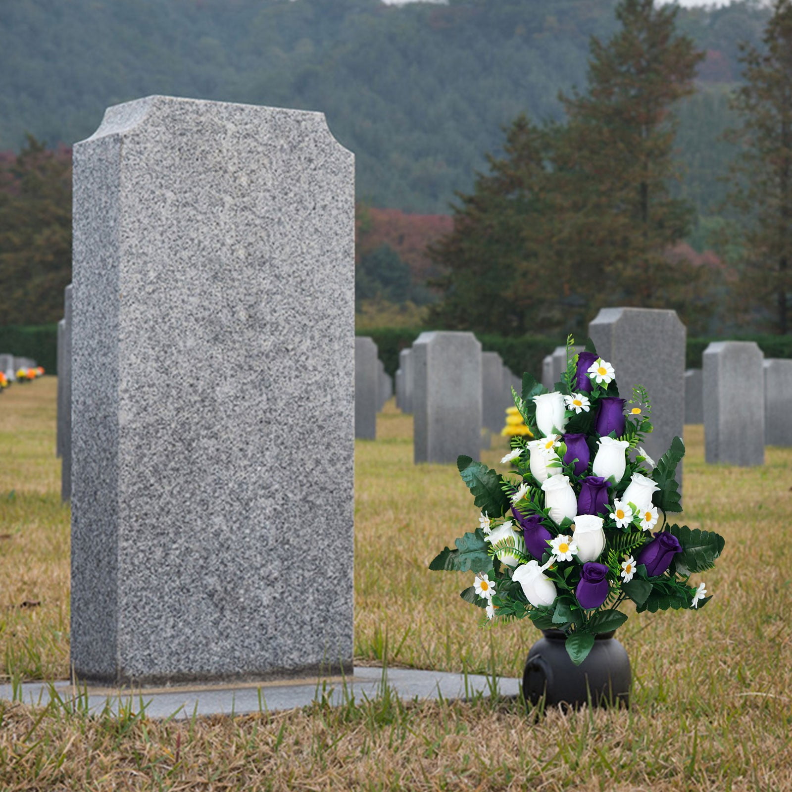 Elapind Fake Flowers for Cemetery, Artificial Cemetery Roses with Vase ...