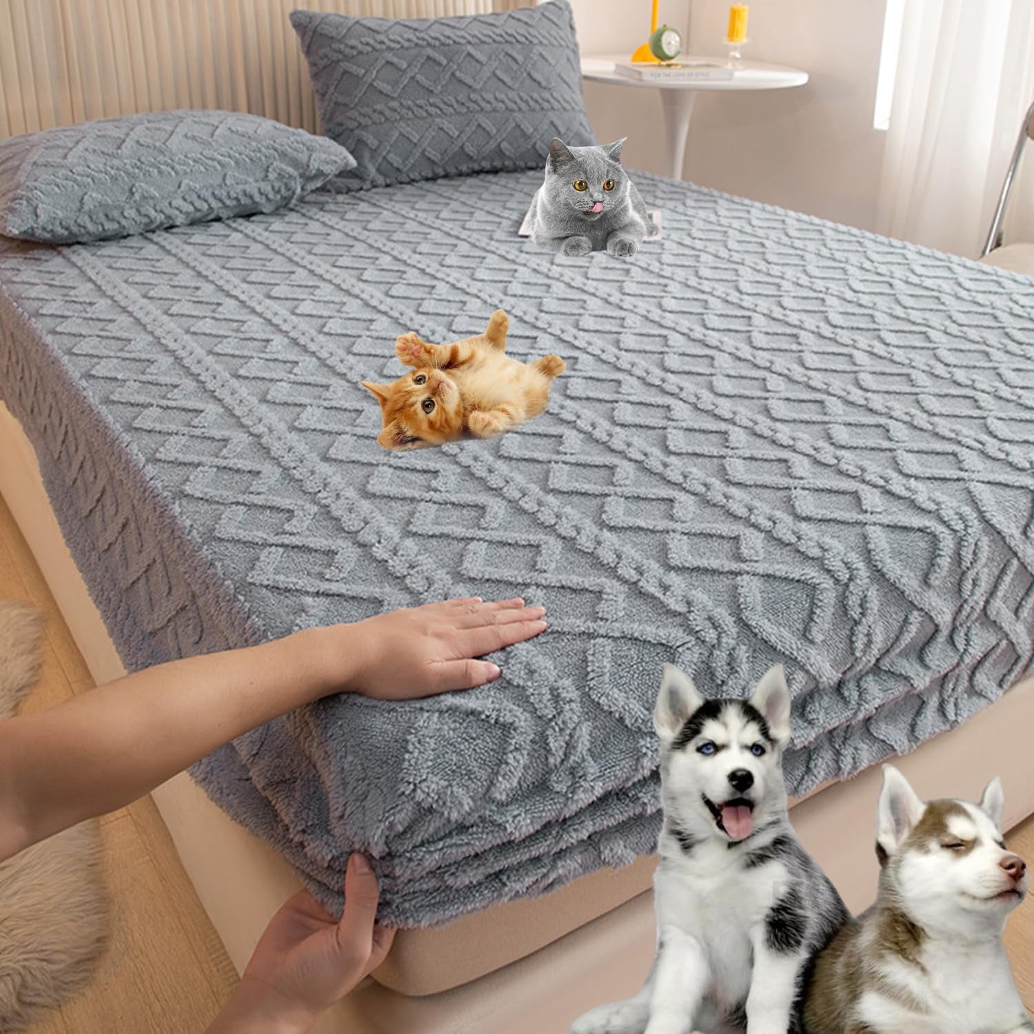 Elastic Bed Sheets, Fuzzy Warm Flannel Fitted Sheet with Deep Pocket ...