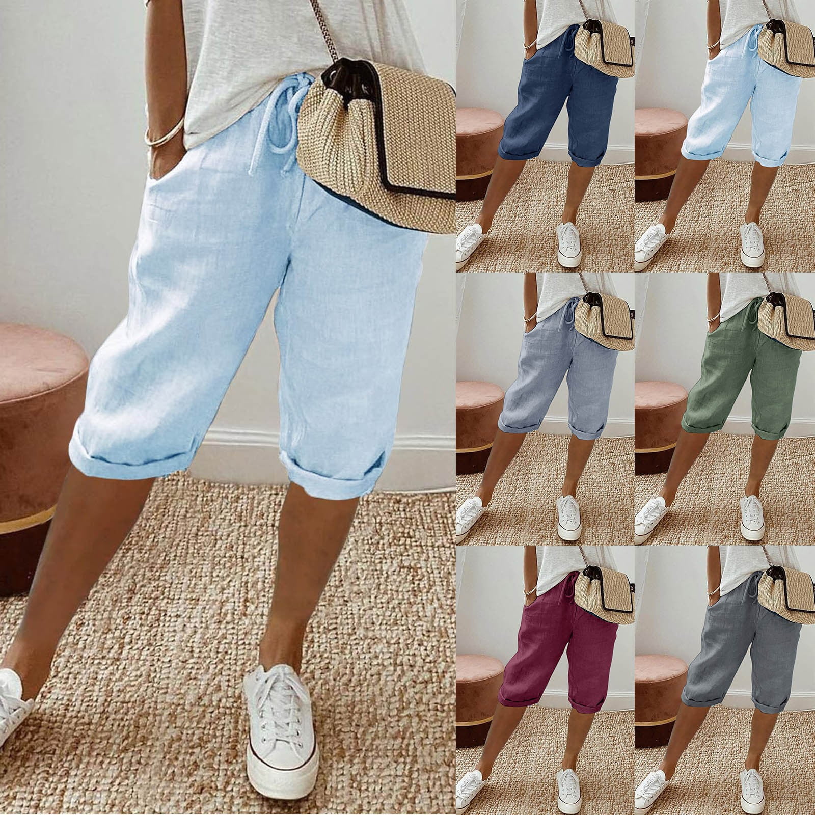 Elastic Casual Pants Loose Solid Color Large Pocket Capris Pants ...