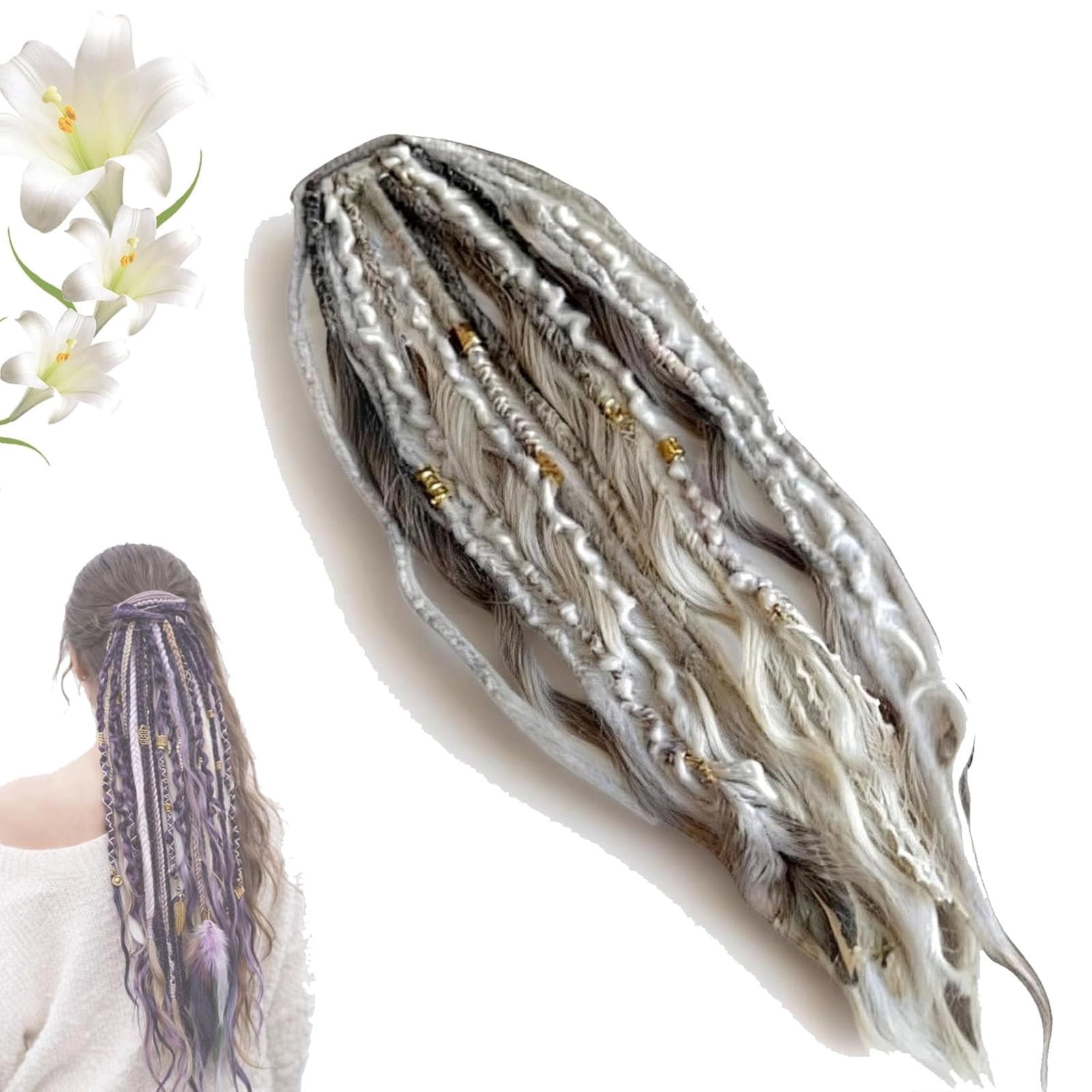 Elastic Dread Ponytail, Boho Braided Hair Extension with Beads Charms ...