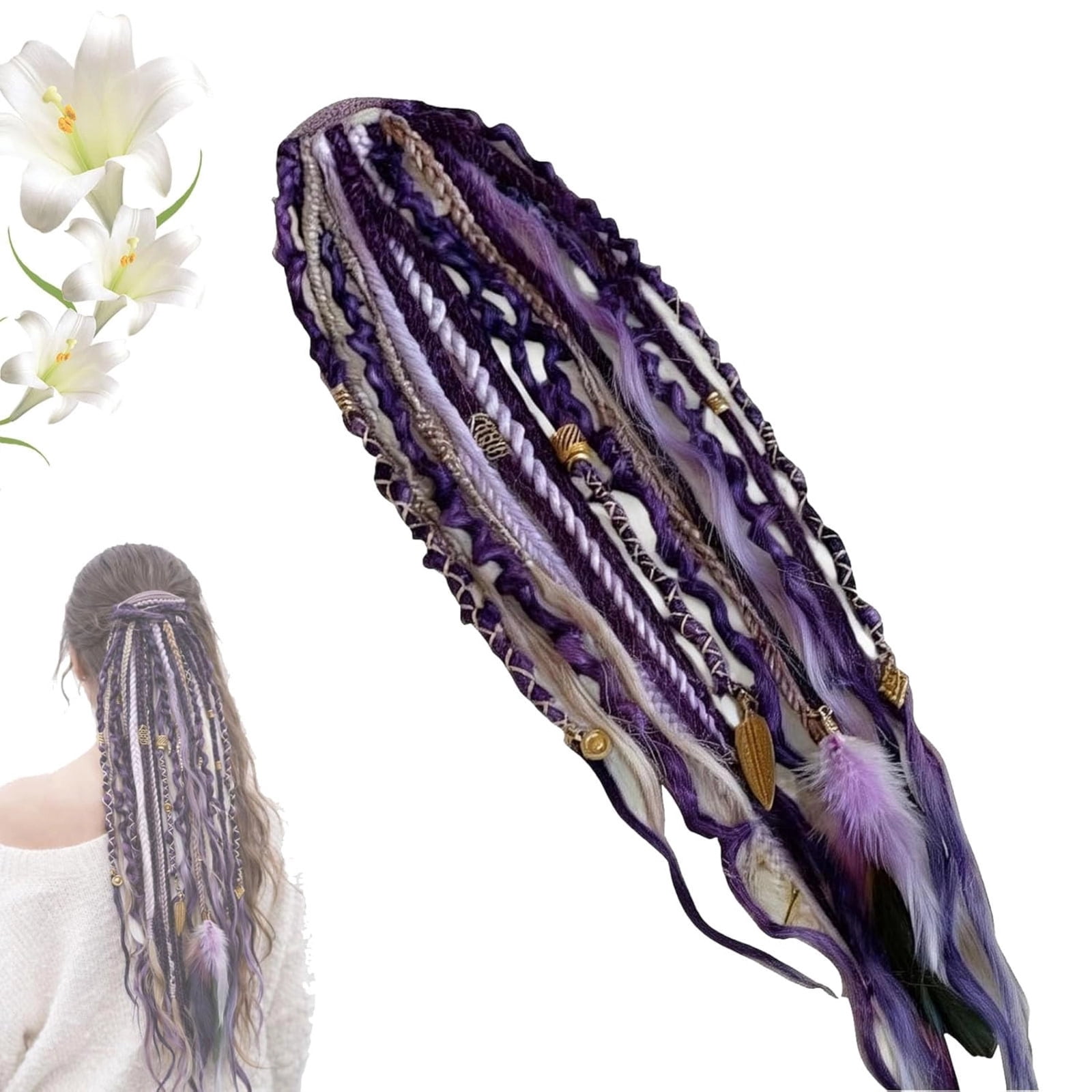 Elastic Dread Ponytail, Boho Dreadlock Hair Extension with Beads ...