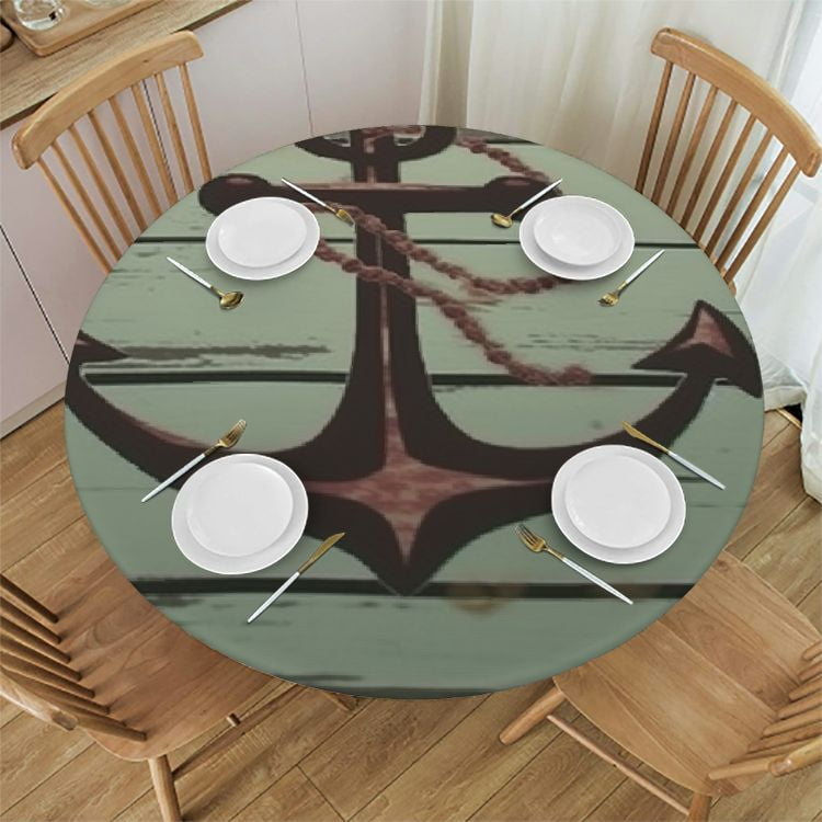 Elastic Edge Fitted Round Tablecloth, Anchor Blue Grey Wood Grain ...