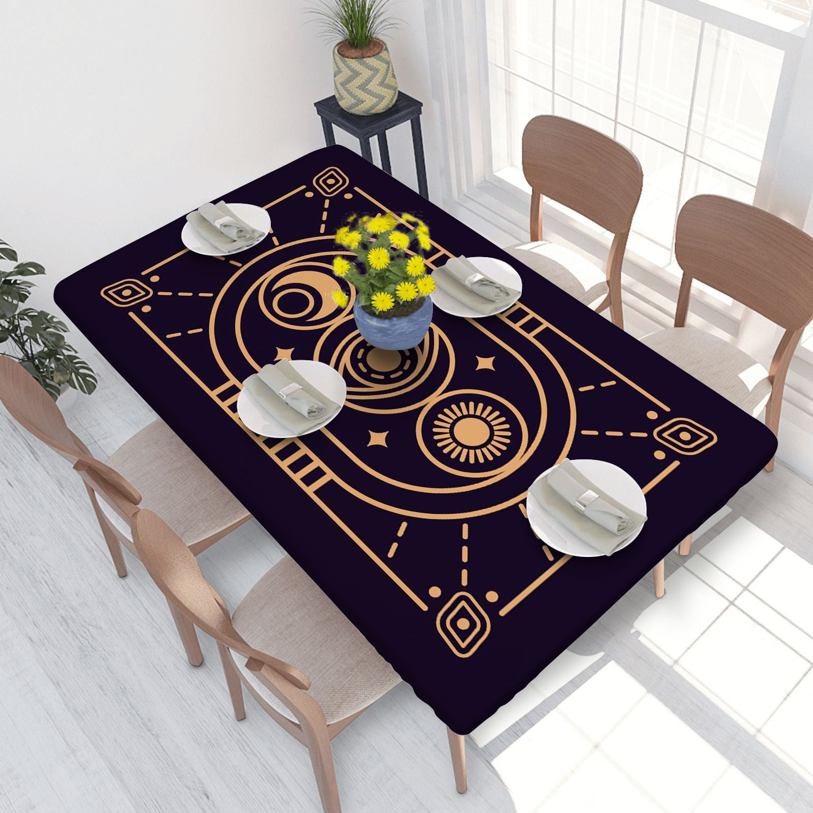Elastic Edge Fitted Tablecloth Astrology Geometry Boho for Rectangle ...