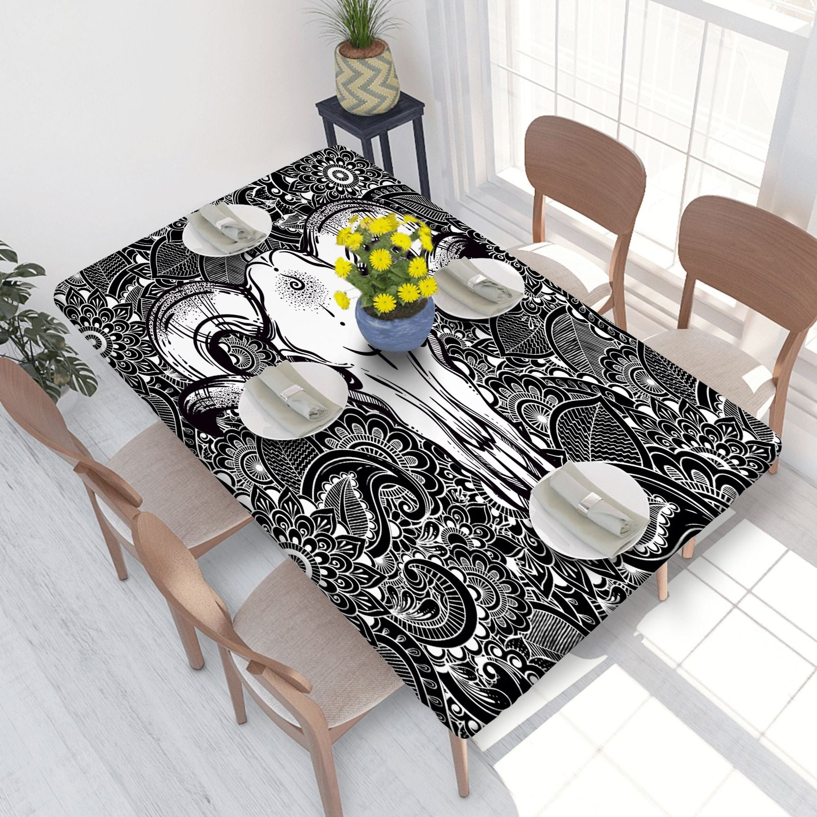 Elastic Edge Fitted Tablecloth Beautiful Bull Skull Zentangle Floral ...