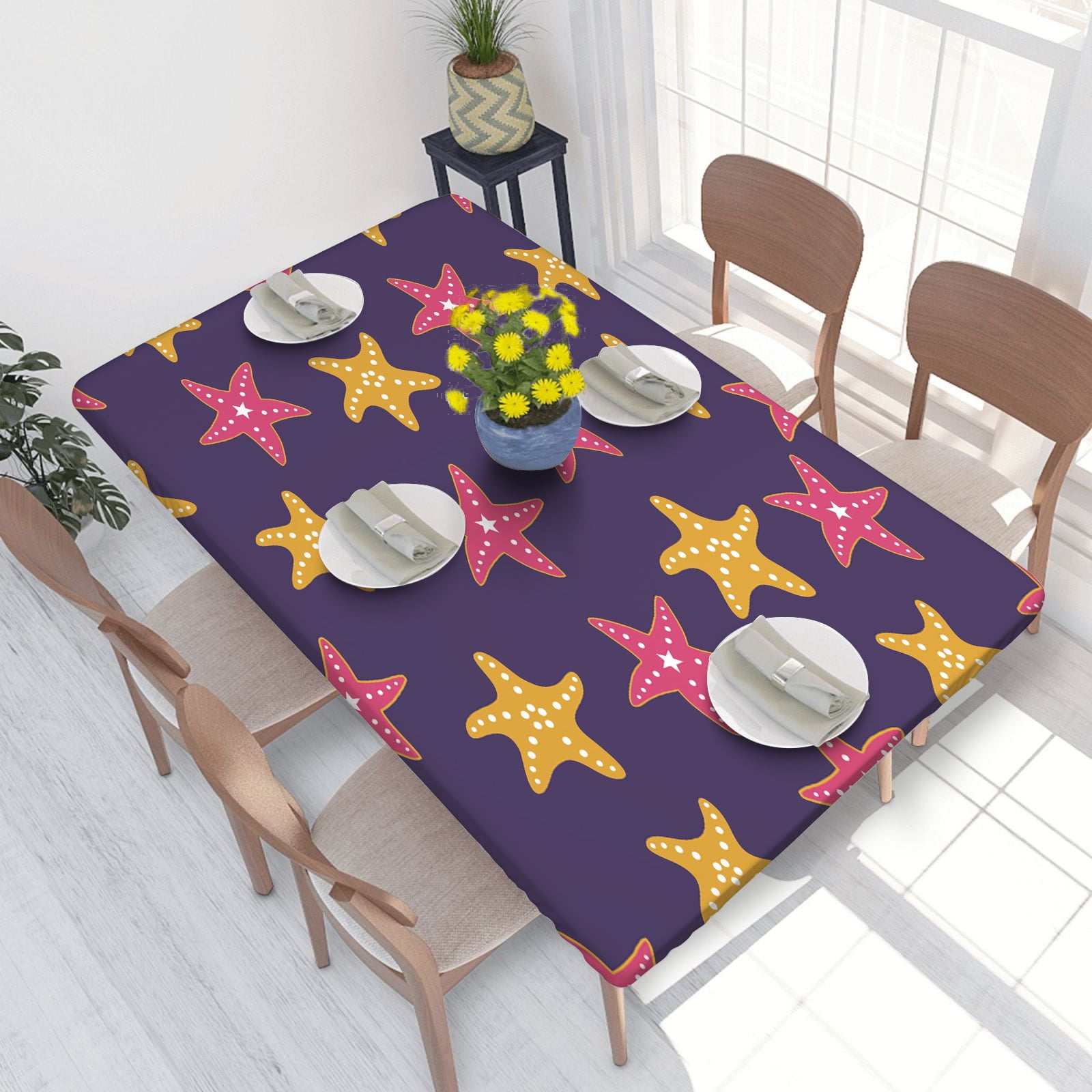 Elastic Edge Fitted Tablecloth Cartoon Sea Star Fish for Rectangle ...