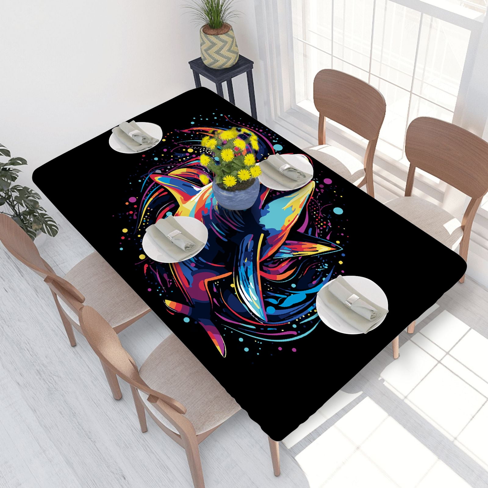 Elastic Edge Fitted Tablecloth Colourful Shark for Rectangle Table 4 FT ...