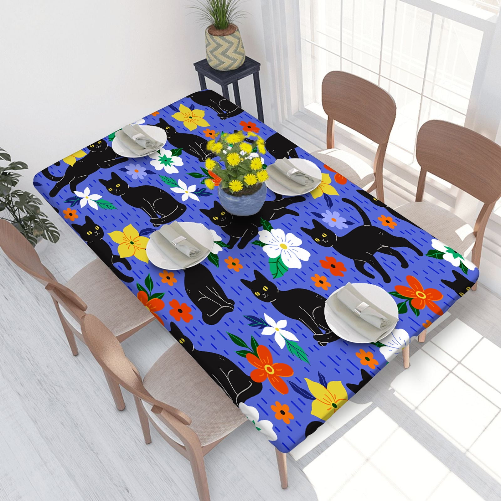 Elastic Edge Fitted Tablecloth Cute Black Cats And Flowers for ...