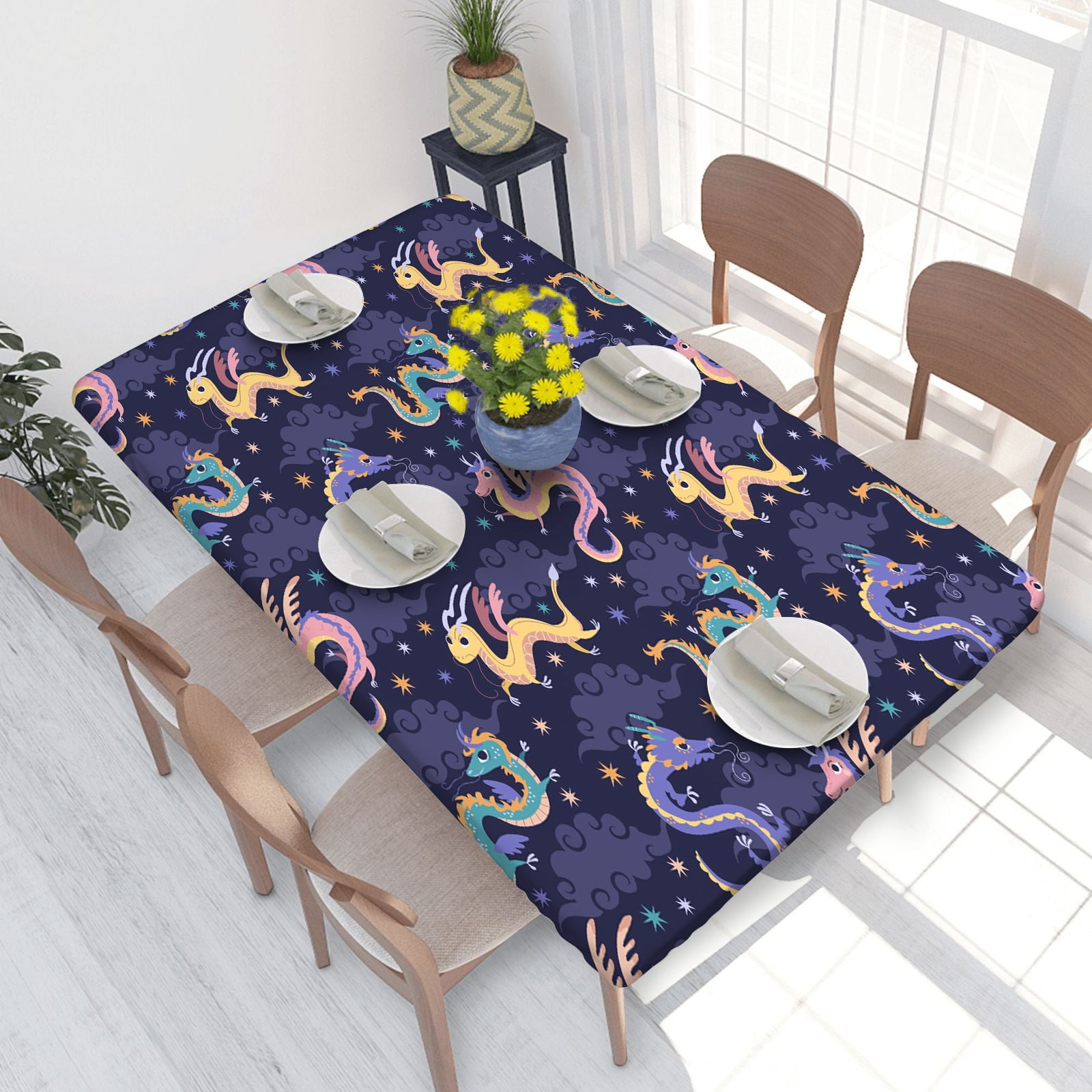 Elastic Edge Fitted Tablecloth Cute Chinese Dragon for Rectangle Table ...