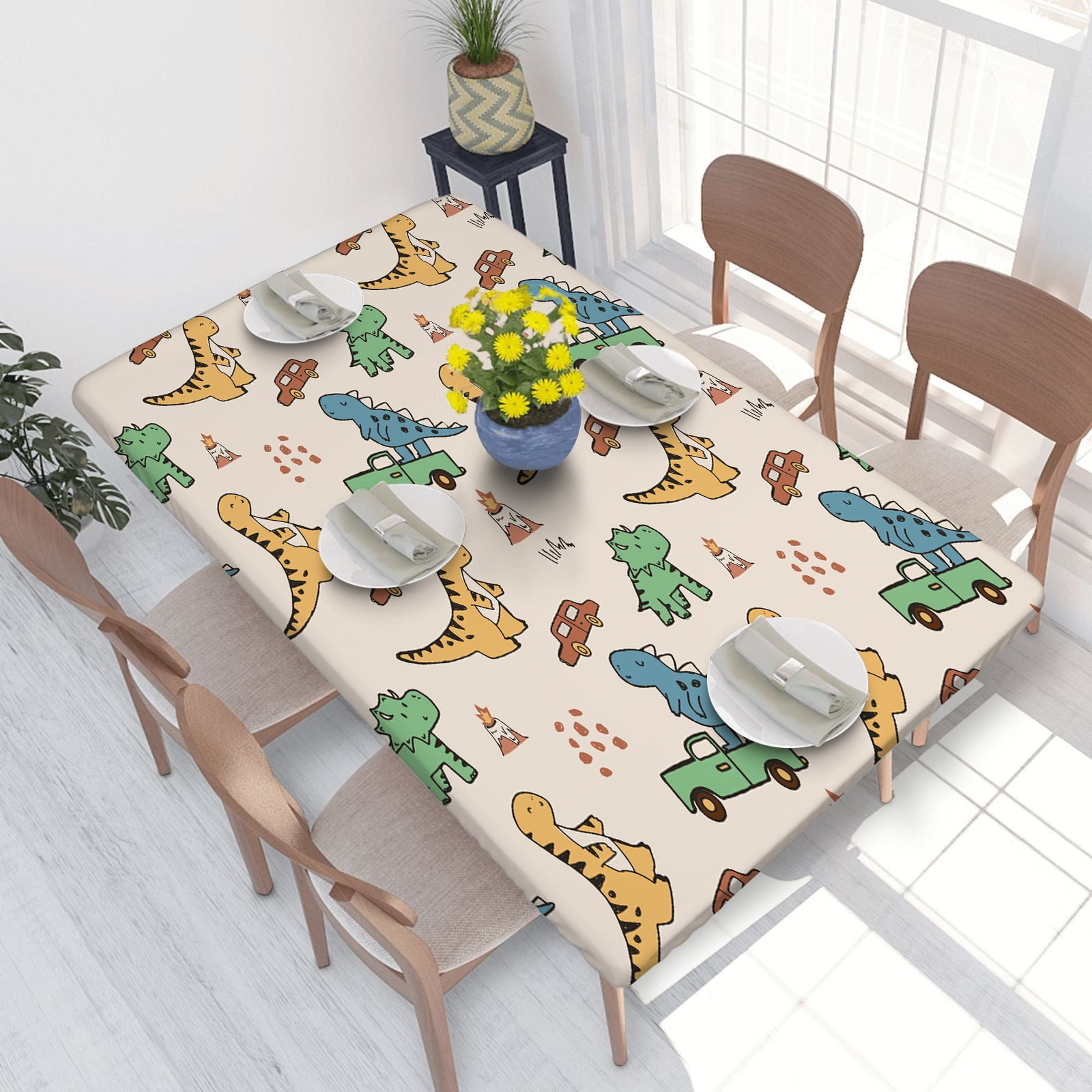Elastic Edge Fitted Tablecloth Cute Funny Dinosaurs And Car Truck for ...