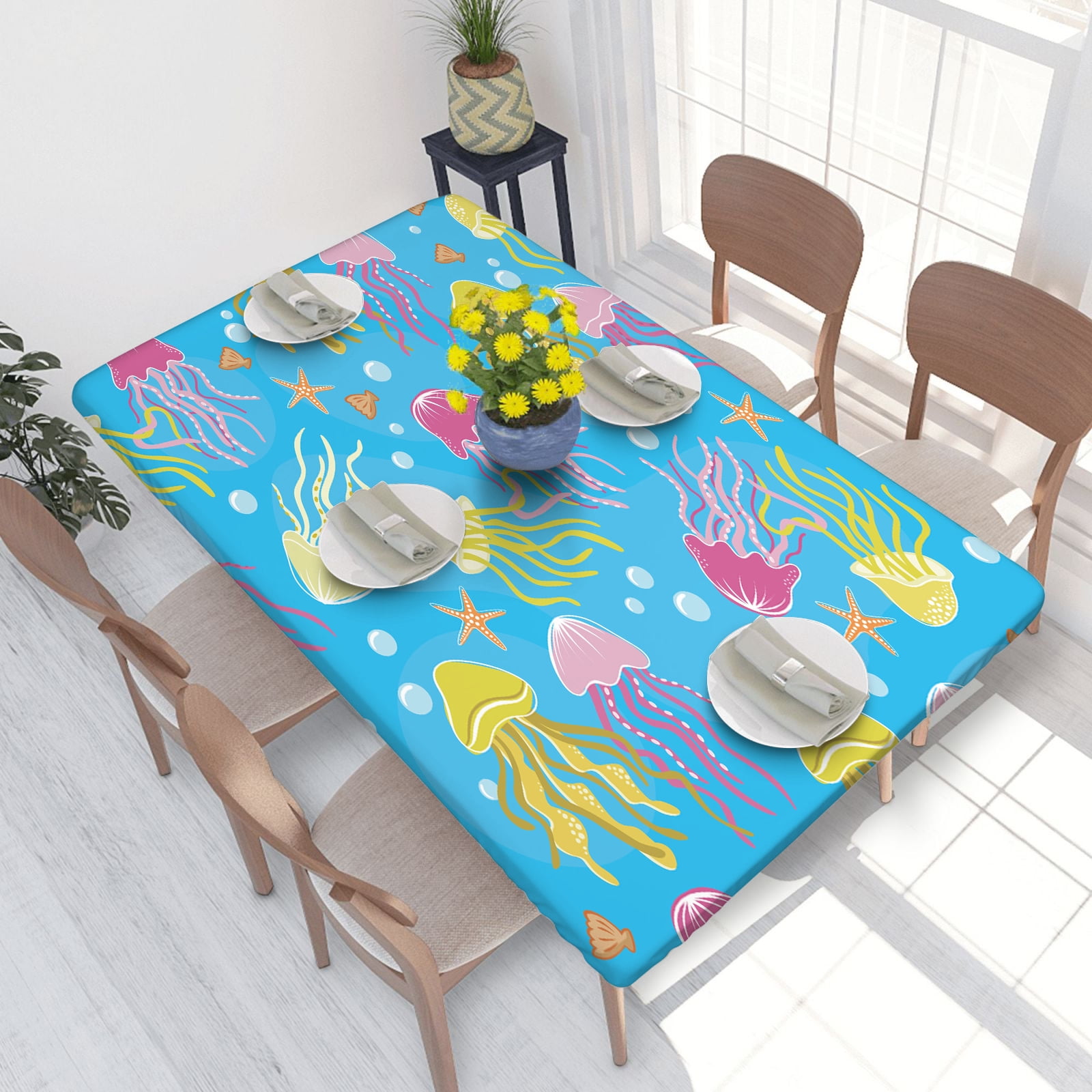 Elastic Edge Fitted Tablecloth Cute Jellyfish Swim With Starfish And ...
