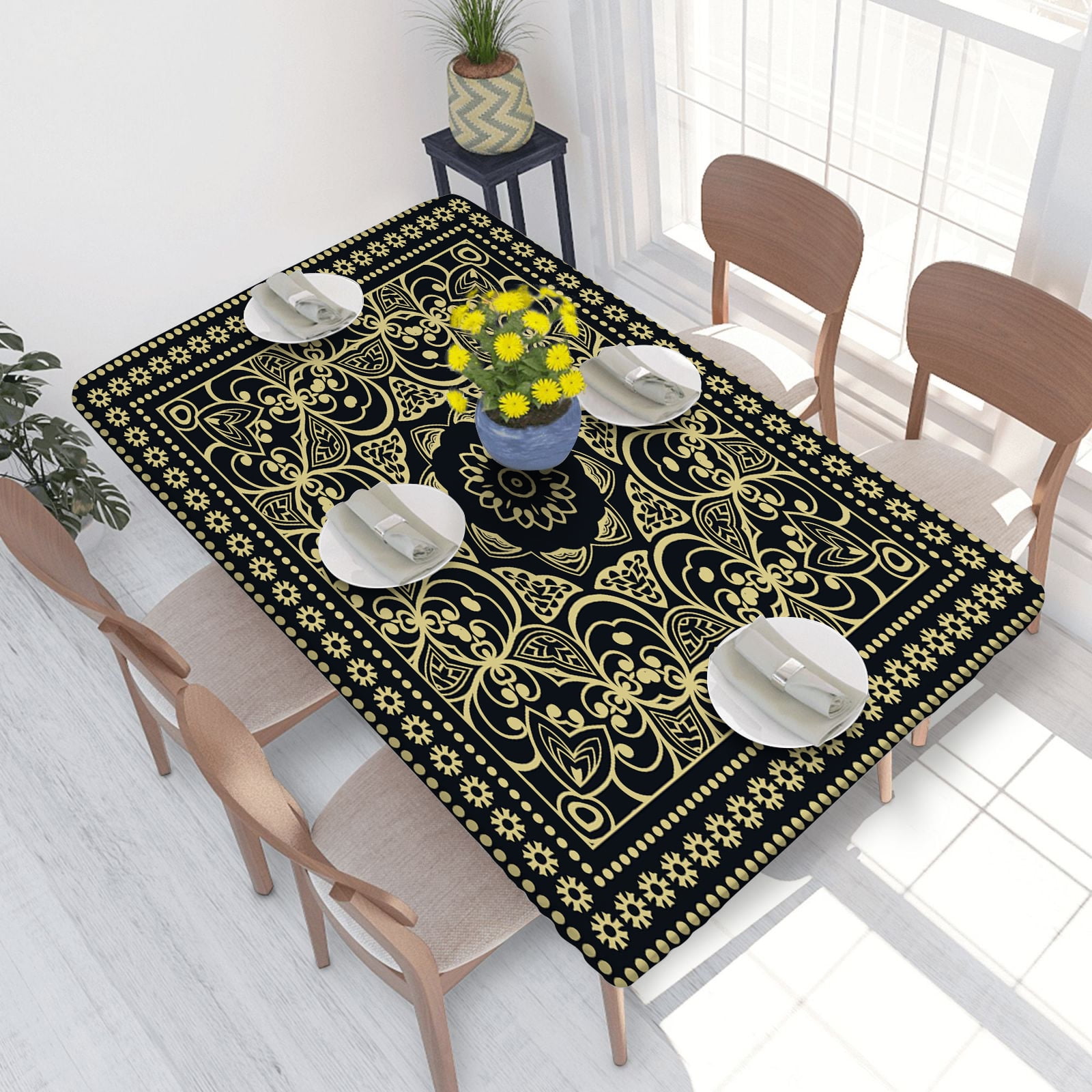 Elastic Edge Fitted Tablecloth Gold Black Geometric for Rectangle Table ...