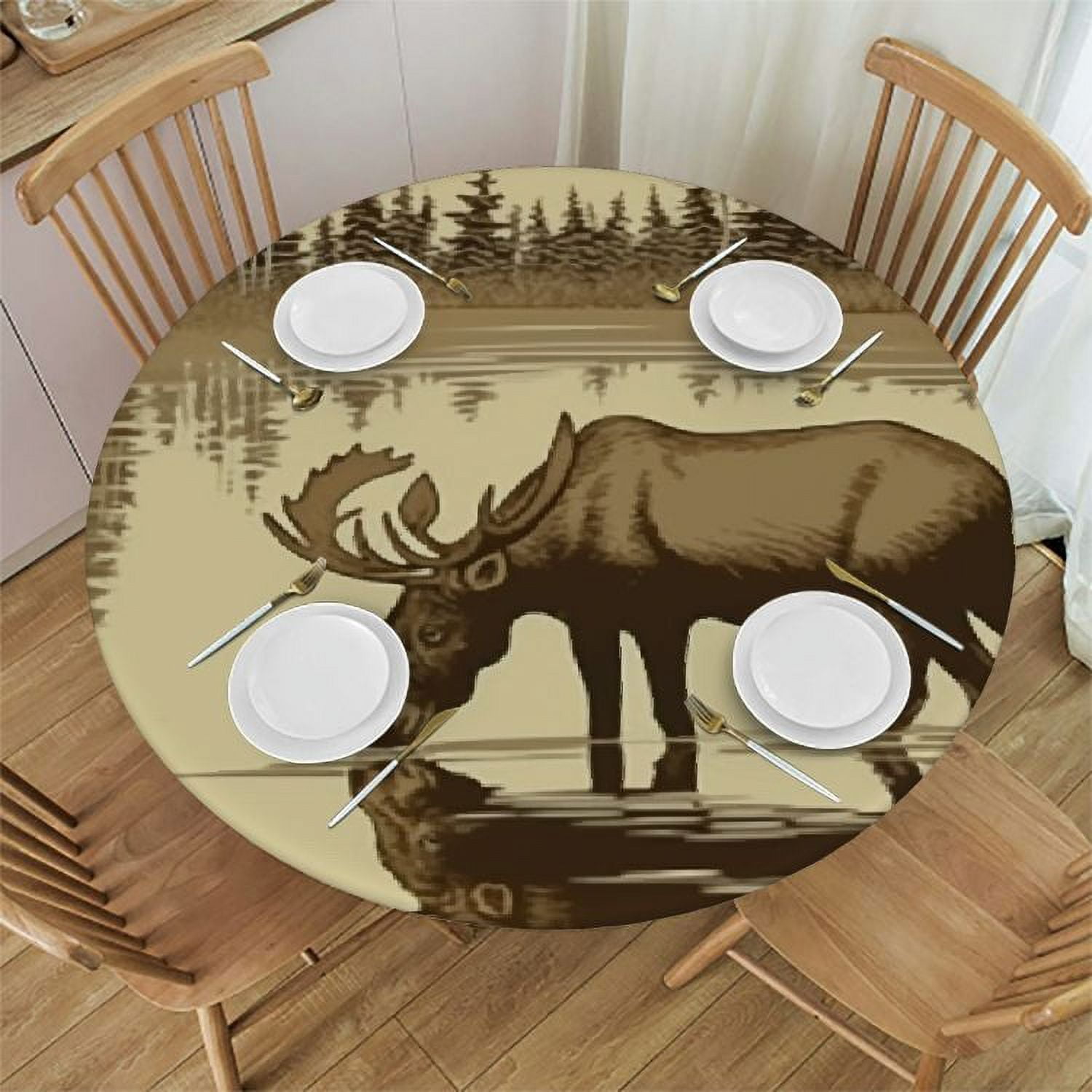 Elastic Edged Polyester Fitted Table Cover, of Elk Drinking in Forest ...