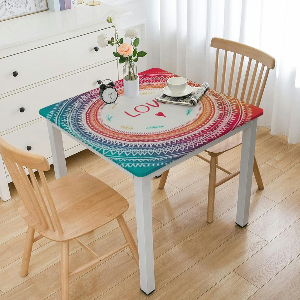 Elastic Edged Tablecloth, Geometric Round Border with Tribal Motifs ...