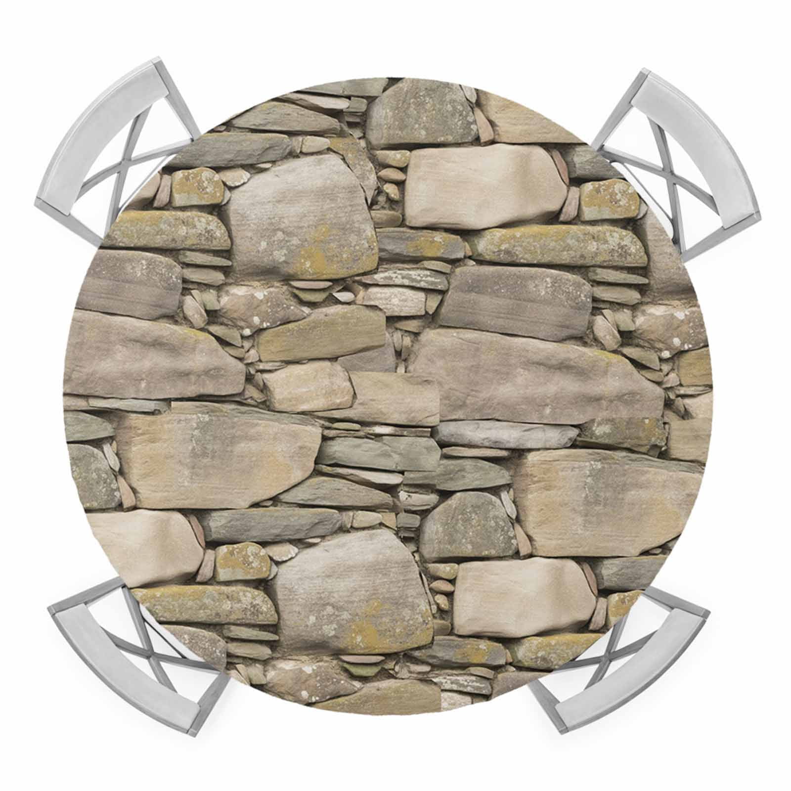 Elastic Fitted Round Tablecloth, Brown Stone Wall Waterproof Stretch ...