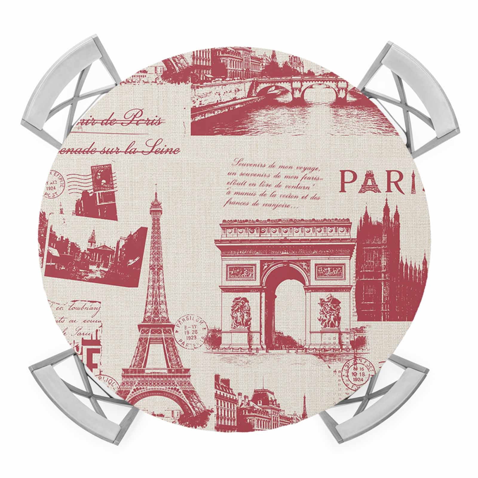 Elastic Fitted Round Tablecloth, Eiffel Tower Waterproof Stretch Table ...