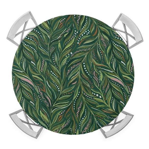 Elastic Fitted Round Tablecloth, Green Leaves Waterproof Stretch Table ...