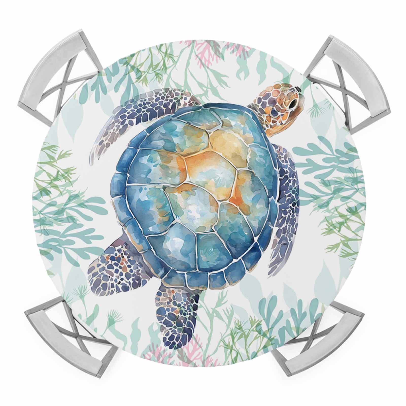 Elastic Fitted Round Tablecloth, Sea Turtle Coastal Waterproof Stretch ...