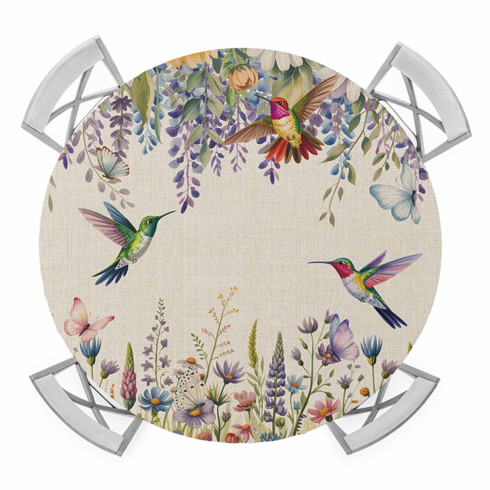 Elastic Fitted Round Tablecloth, Spring Floral Waterproof Stretch Table ...