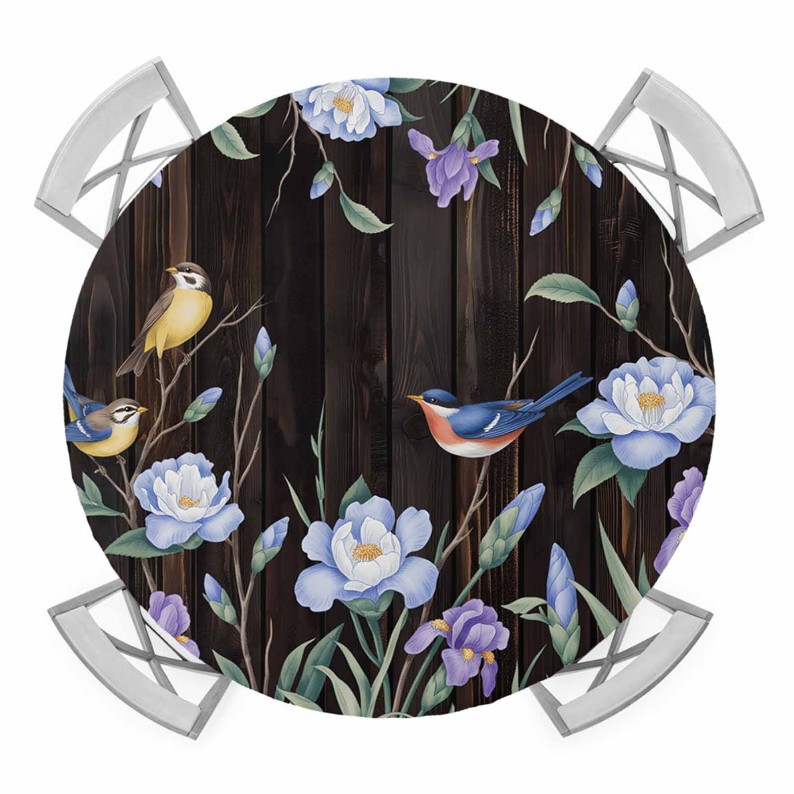 Elastic Fitted Round Tablecloth, Spring Flowers Waterproof Stretch ...