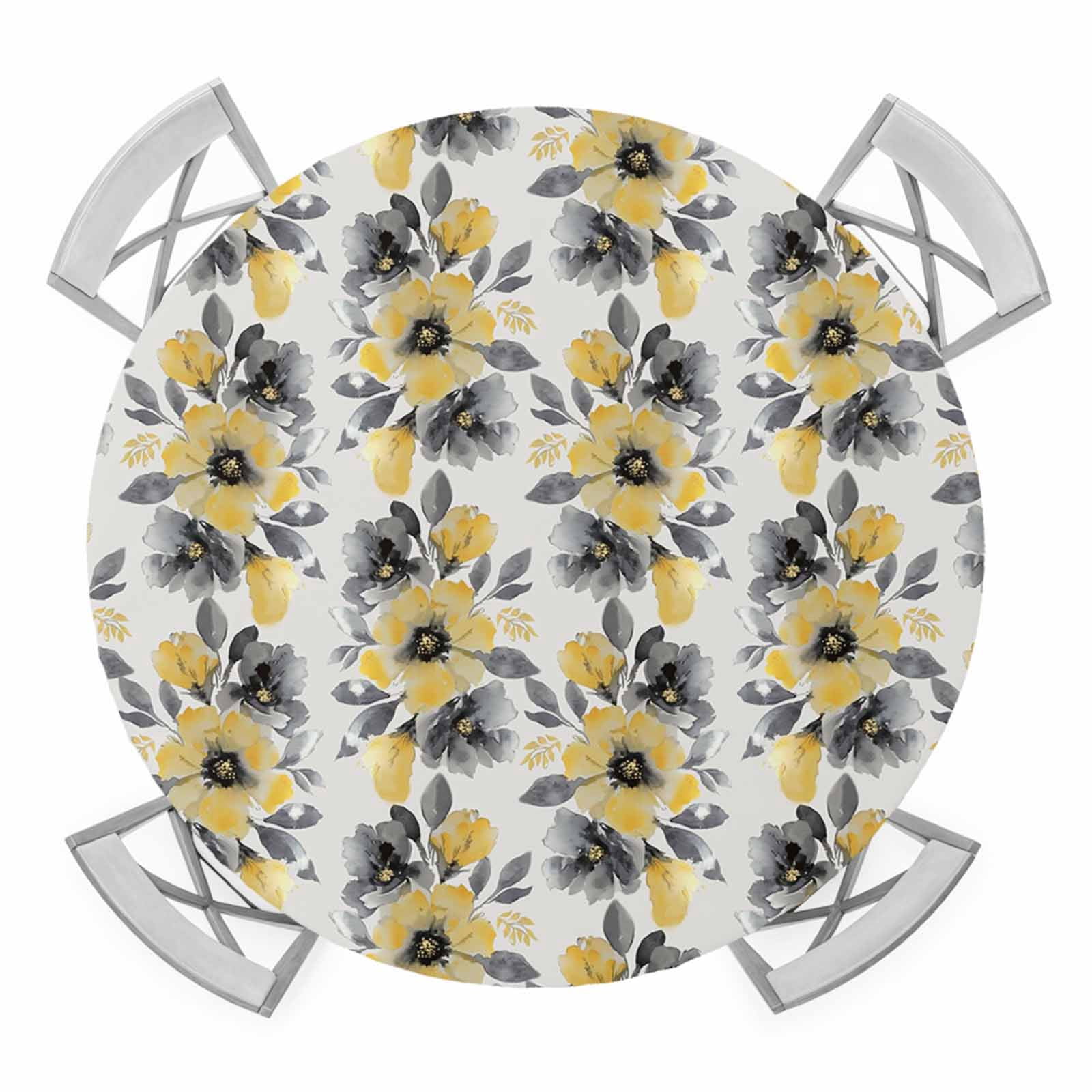 Elastic Fitted Round Tablecloth, Yellow Floral Waterproof Stretch Table ...