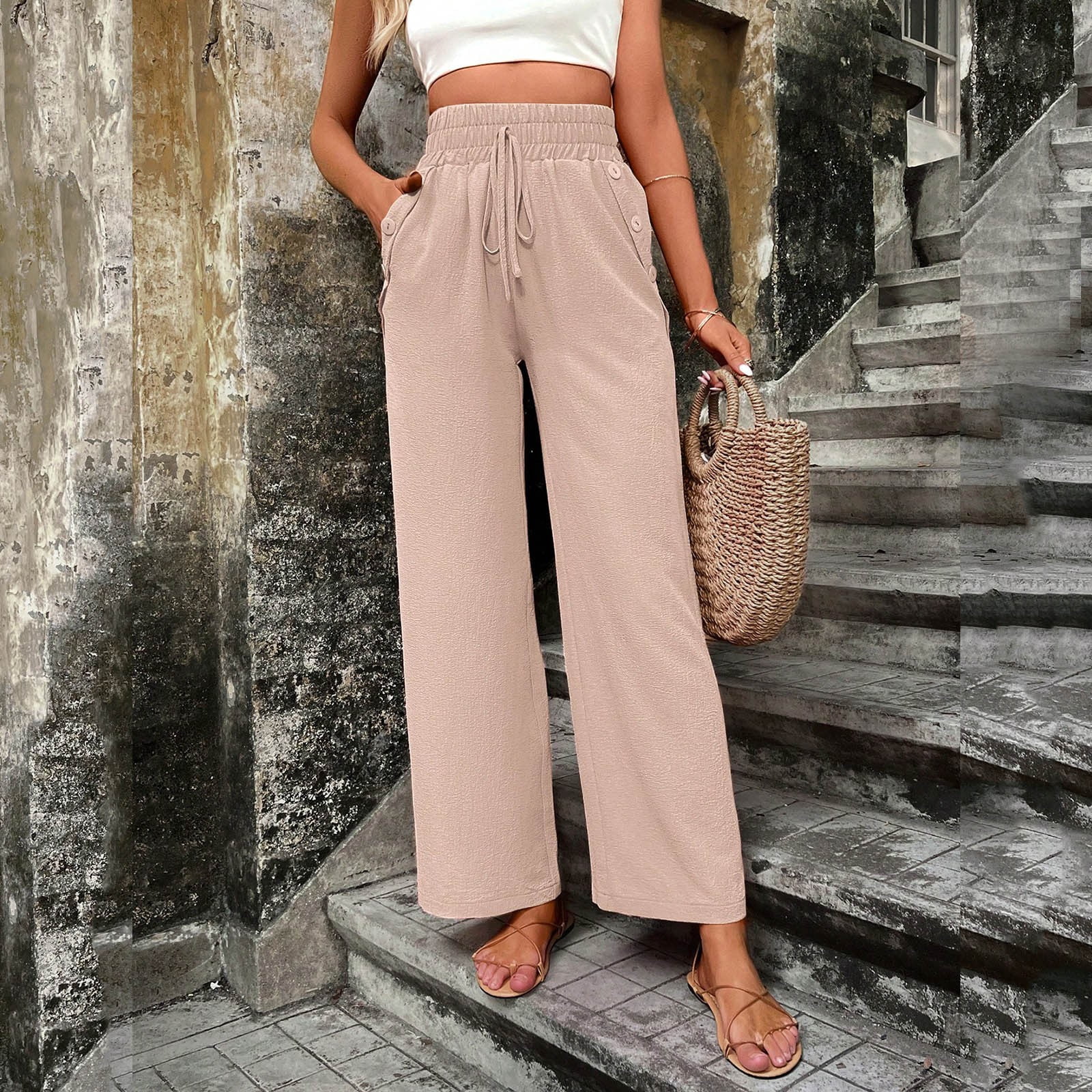 Elastic High Waisted Loose Pants Woman Relaxed Fit Baggy Clothes Black ...