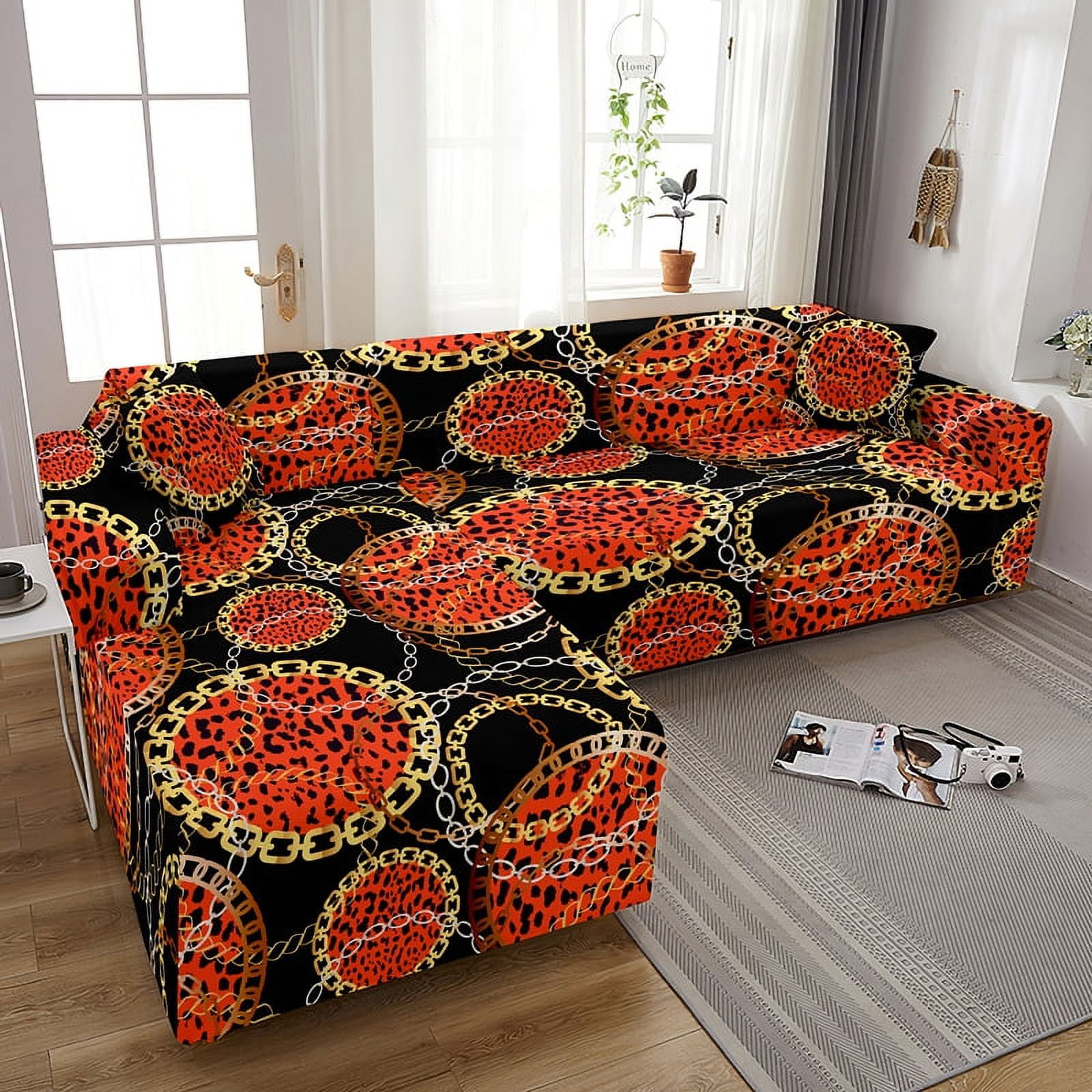 Elastic L Shape Sofa Cover Golden Chains Baroque Leopard Stretch Non ...