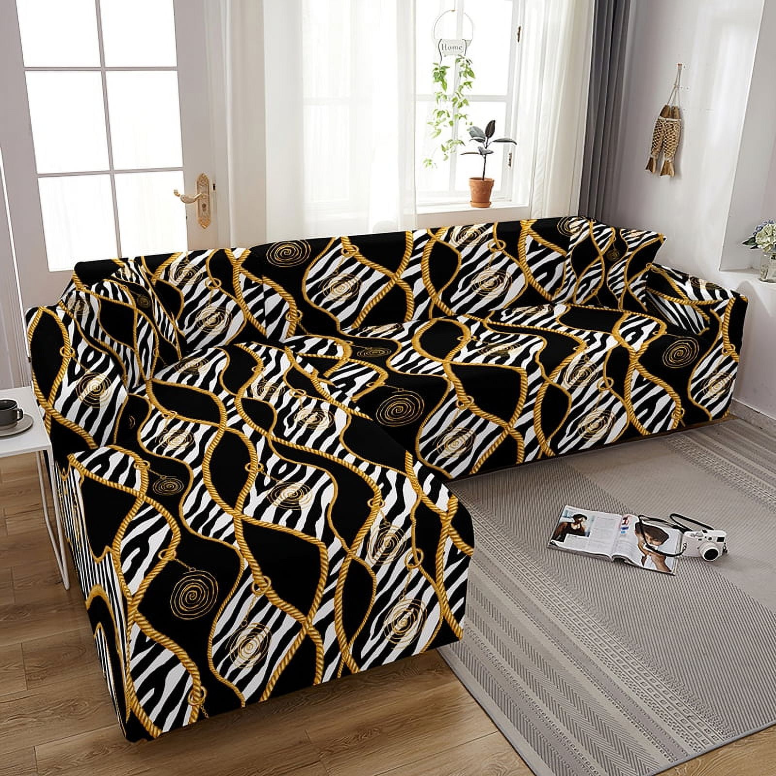 Elastic L Shape Sofa Cover Golden Chains Baroque Leopard Stretch Non ...