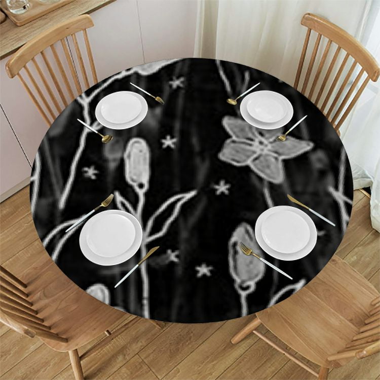 Elastic Round Tablecloth Abstract Tulip Art Black Background Fitted ...