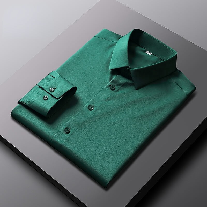 Elastic Silk Long Sleeve Dress Shirt For Men Wrinkle Free Solid 2654