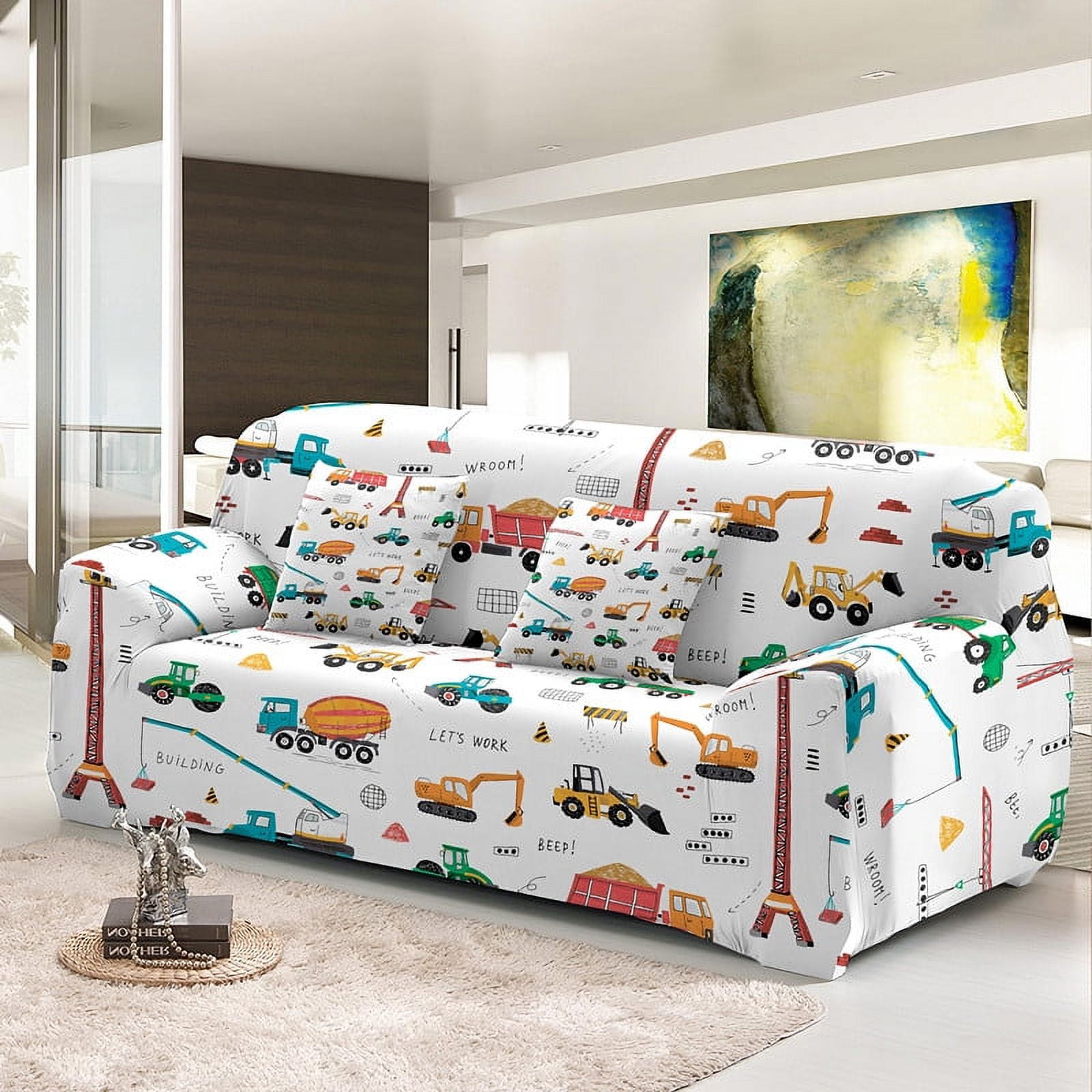 Elastic Sofa Cover Cartoon Digging Machine Print Slipcover For Living ...