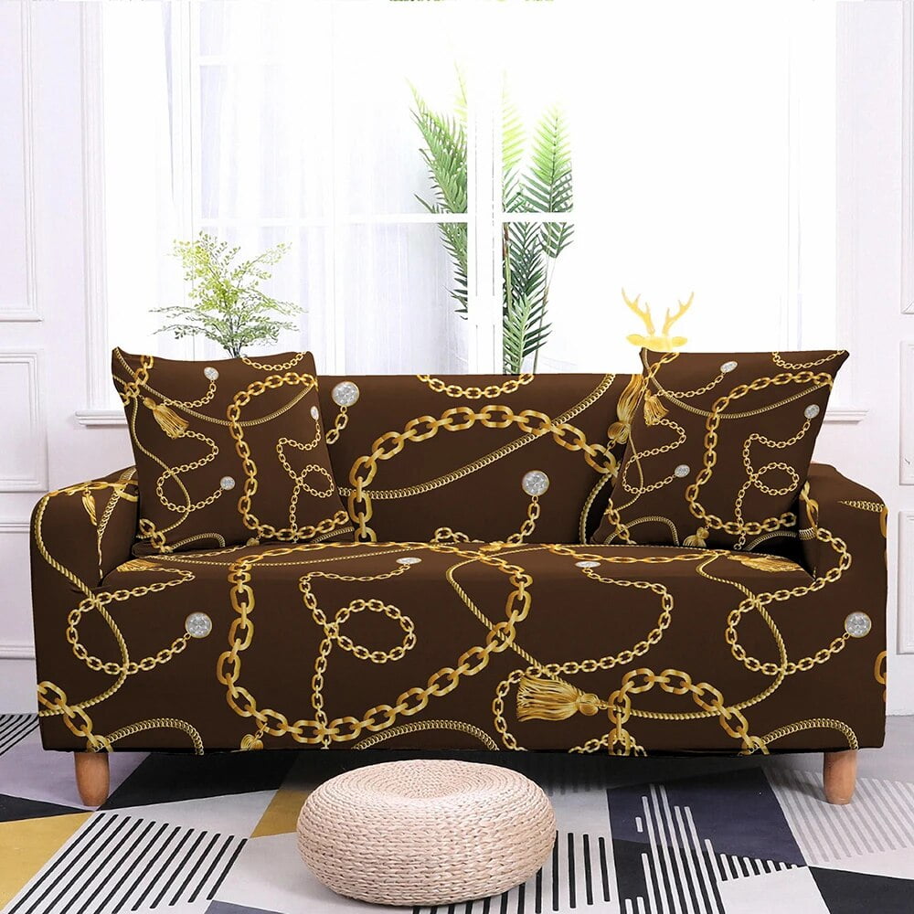 Elastic Sofa Cover Gold Chain Pattern Sofa Slipcover 3D Printed Stretch ...