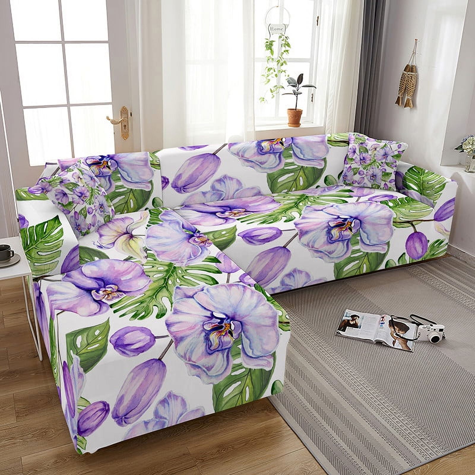 Elastic Sofa Cover Leaf Printed Couch Covers For Living Room L-Style ...